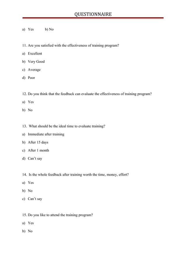 Questionnaire on training and development | DOC