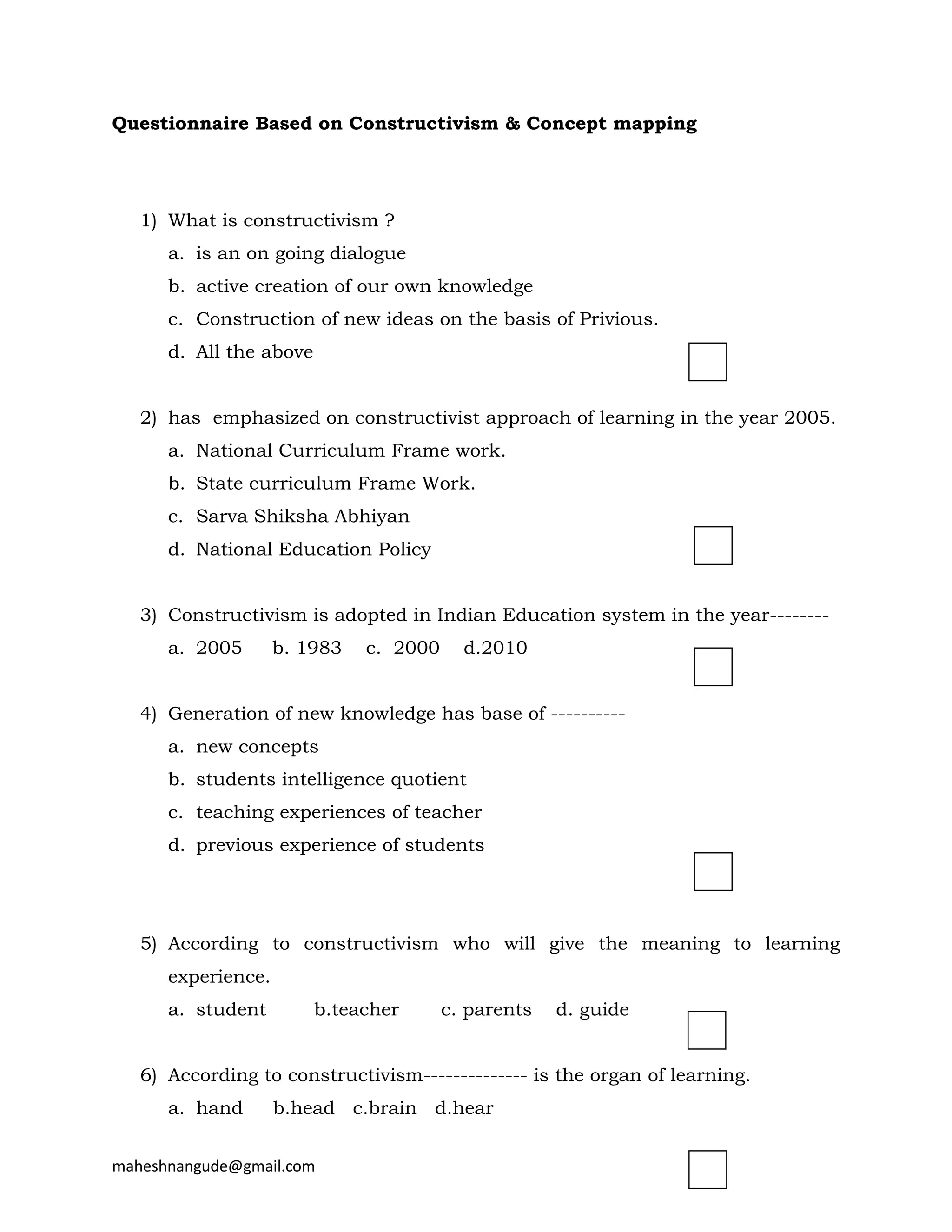 Questionnaire based on Constructivism and concept mapping | DOCX