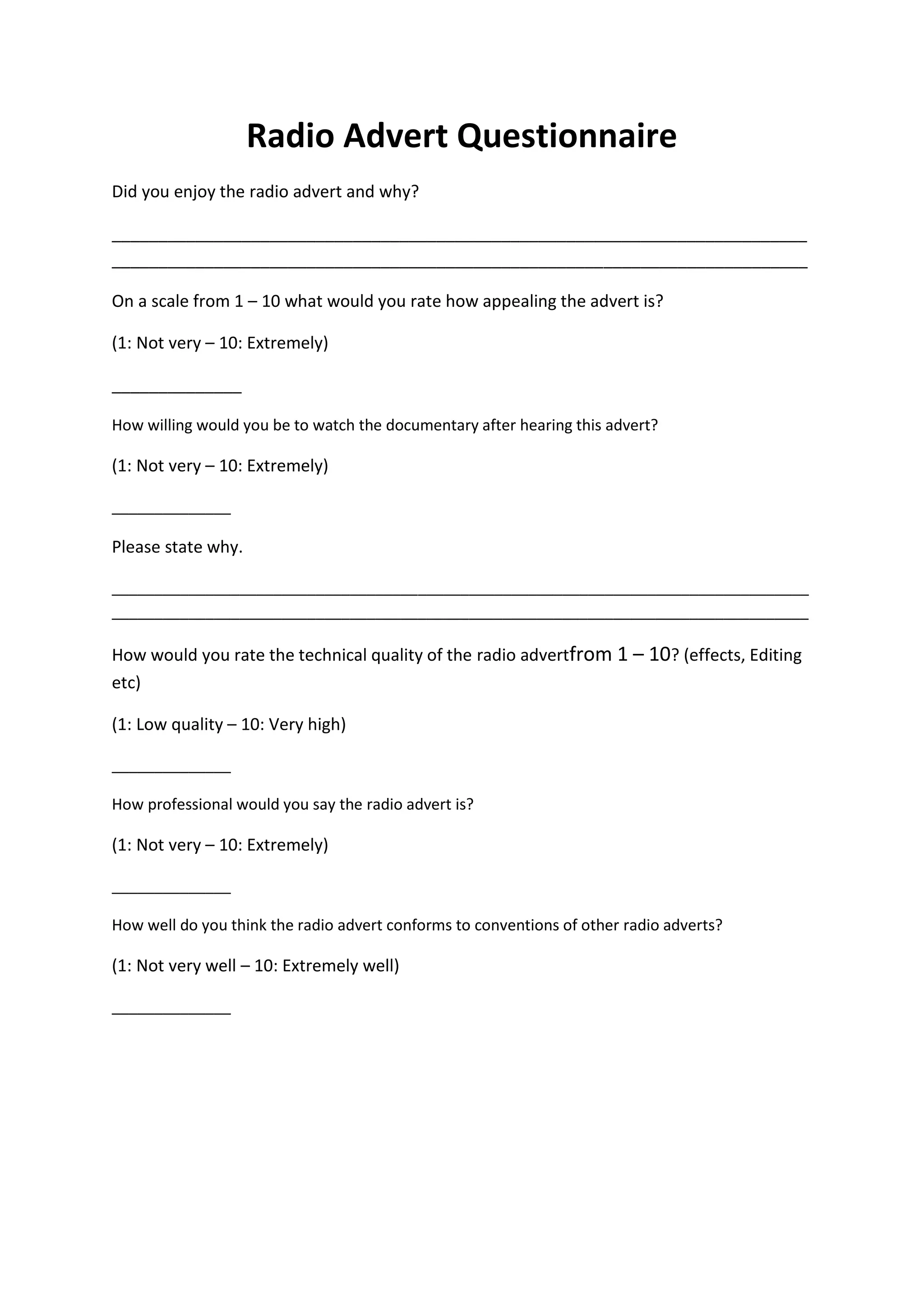 Radio Advert Questionnaire | DOCX