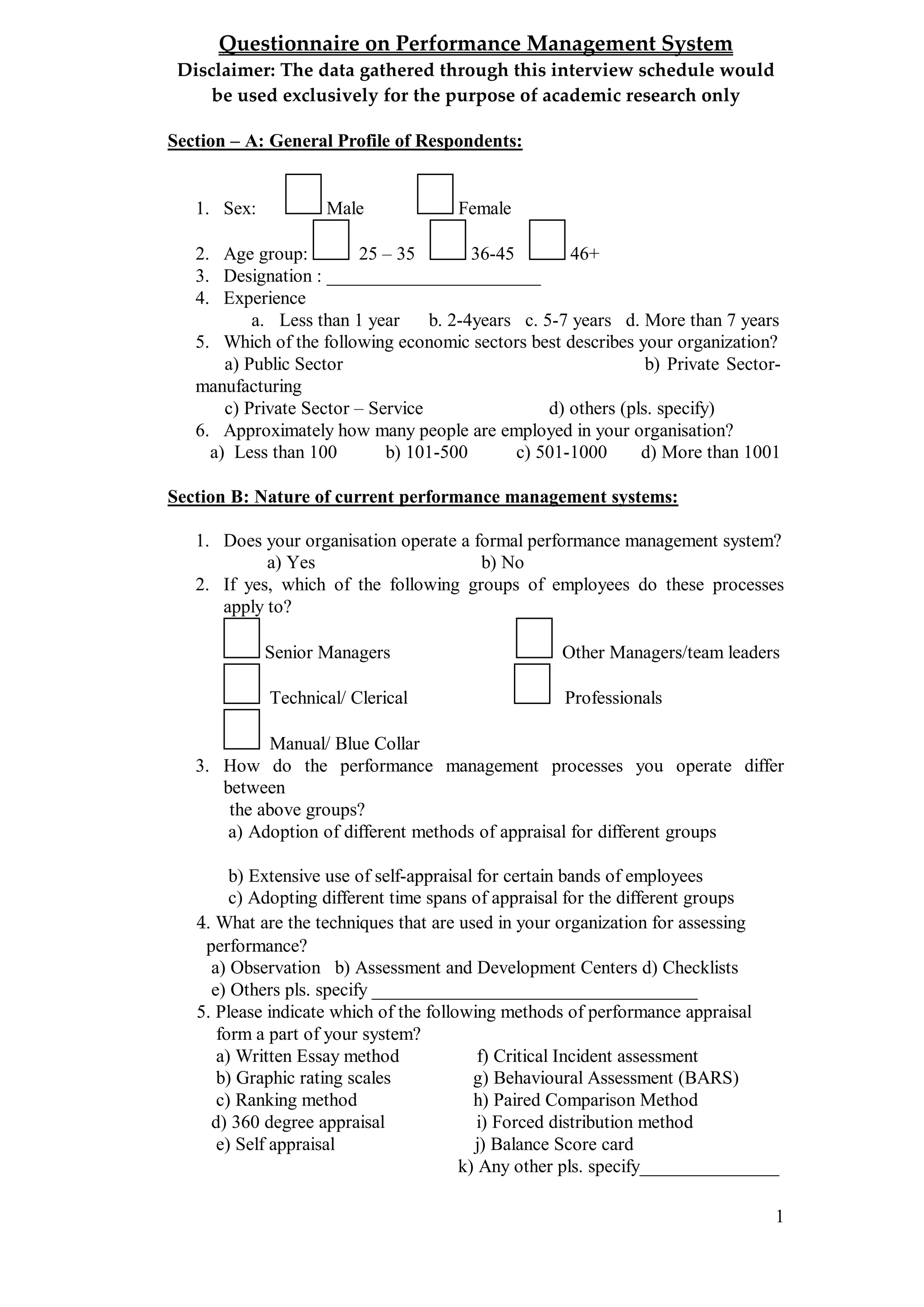 Questionnaire on Performance Management System | PDF