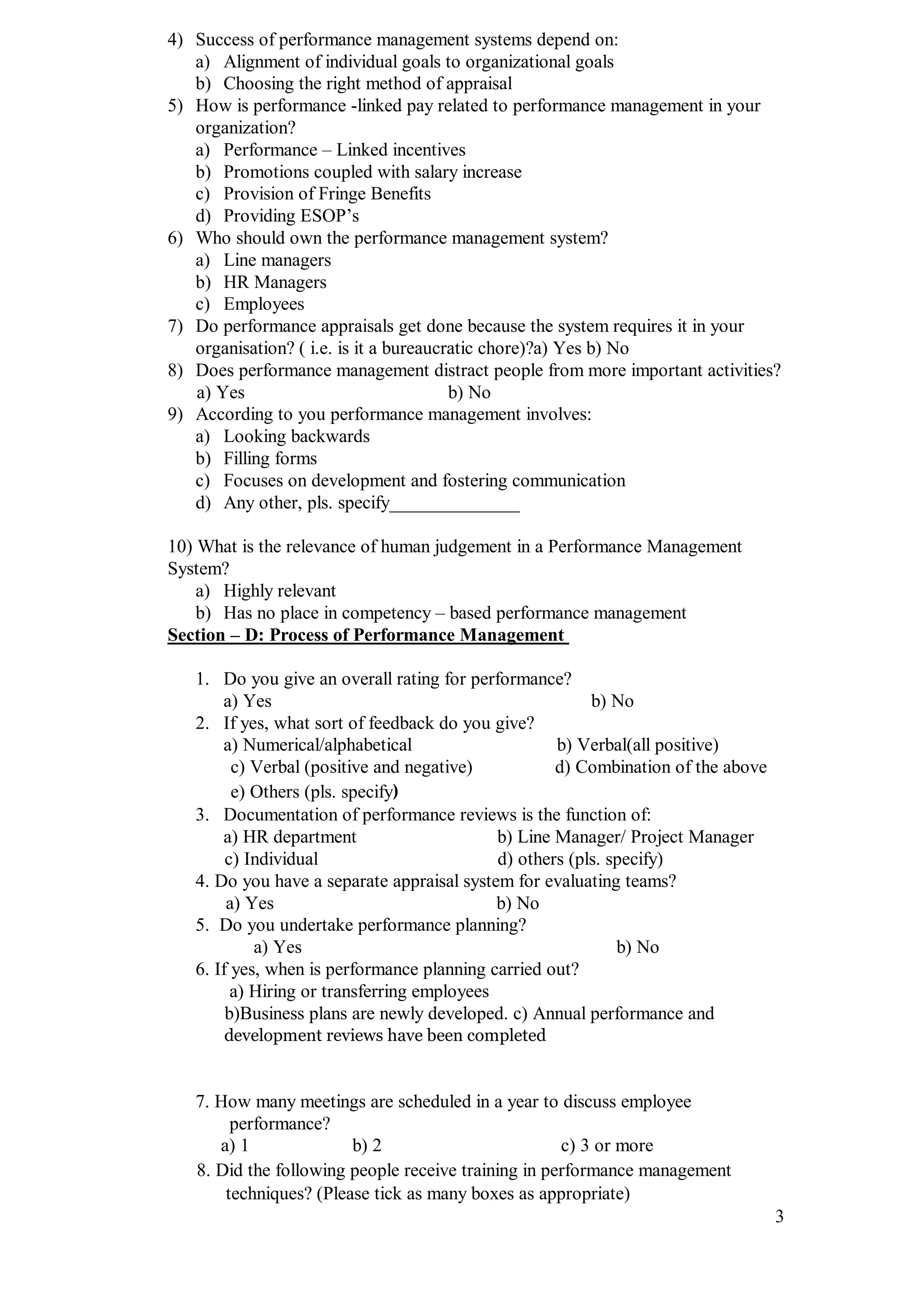 Questionnaire on Performance Management System | PDF