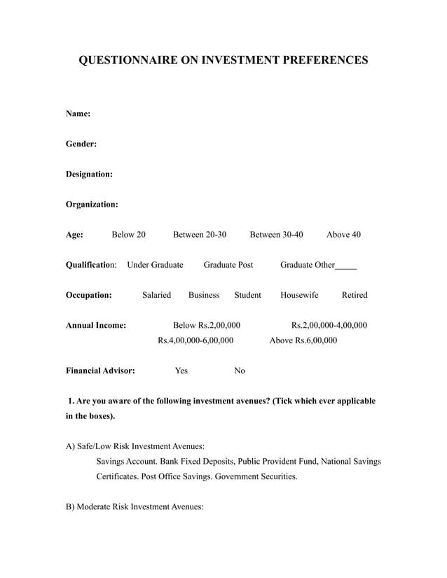 Questionnaire on Investment Preferences | DOC