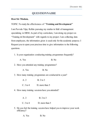 Training & development Questionnaire | DOCX