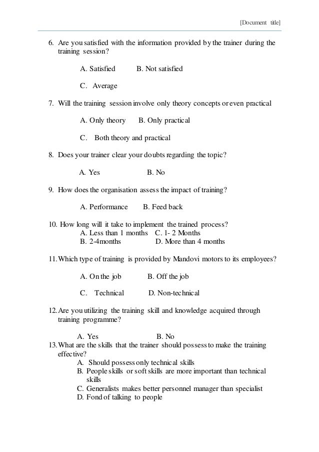 Training Development Questionnaire Training Development Questionnaire