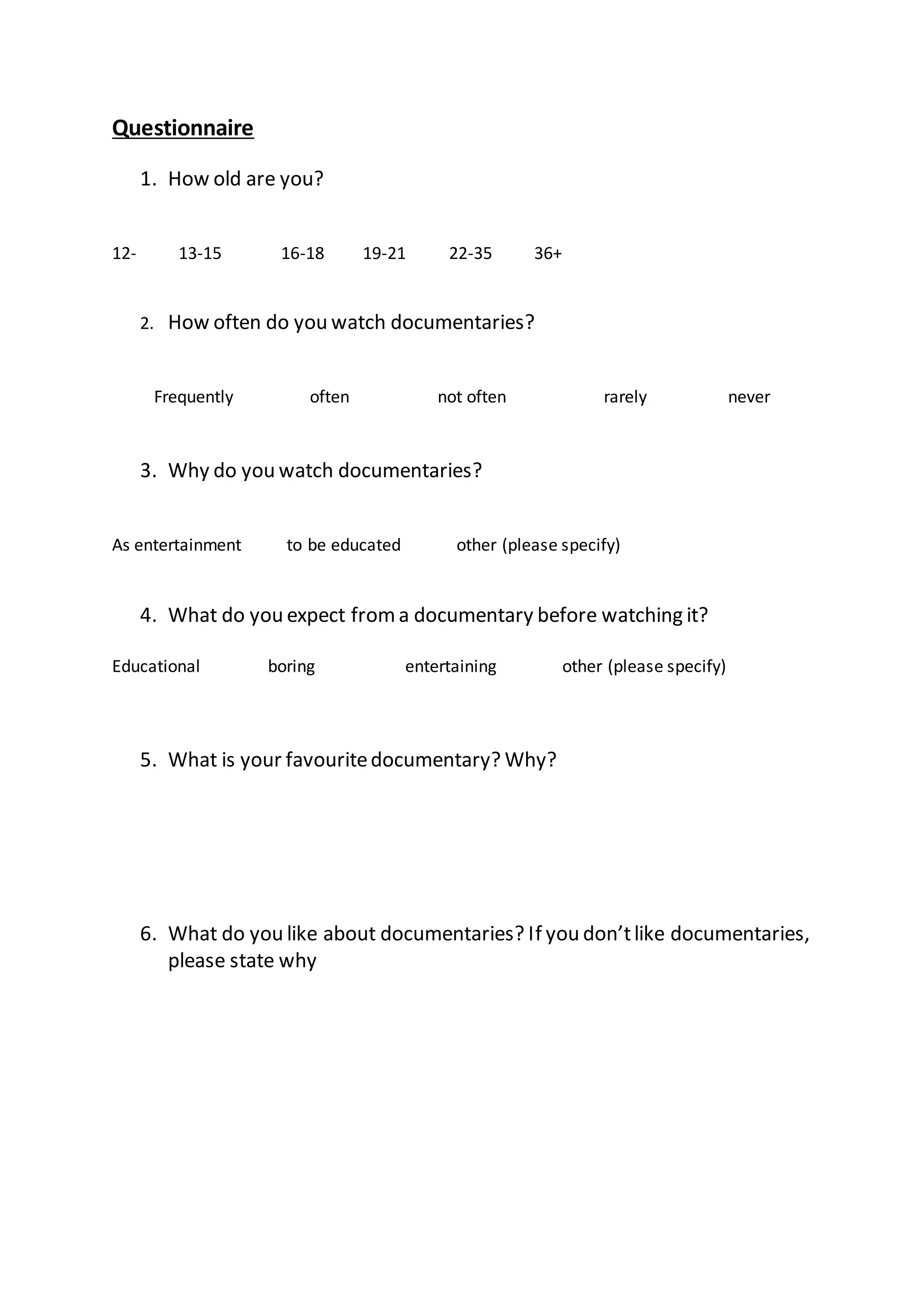 Questionnaire about documentaries | DOCX