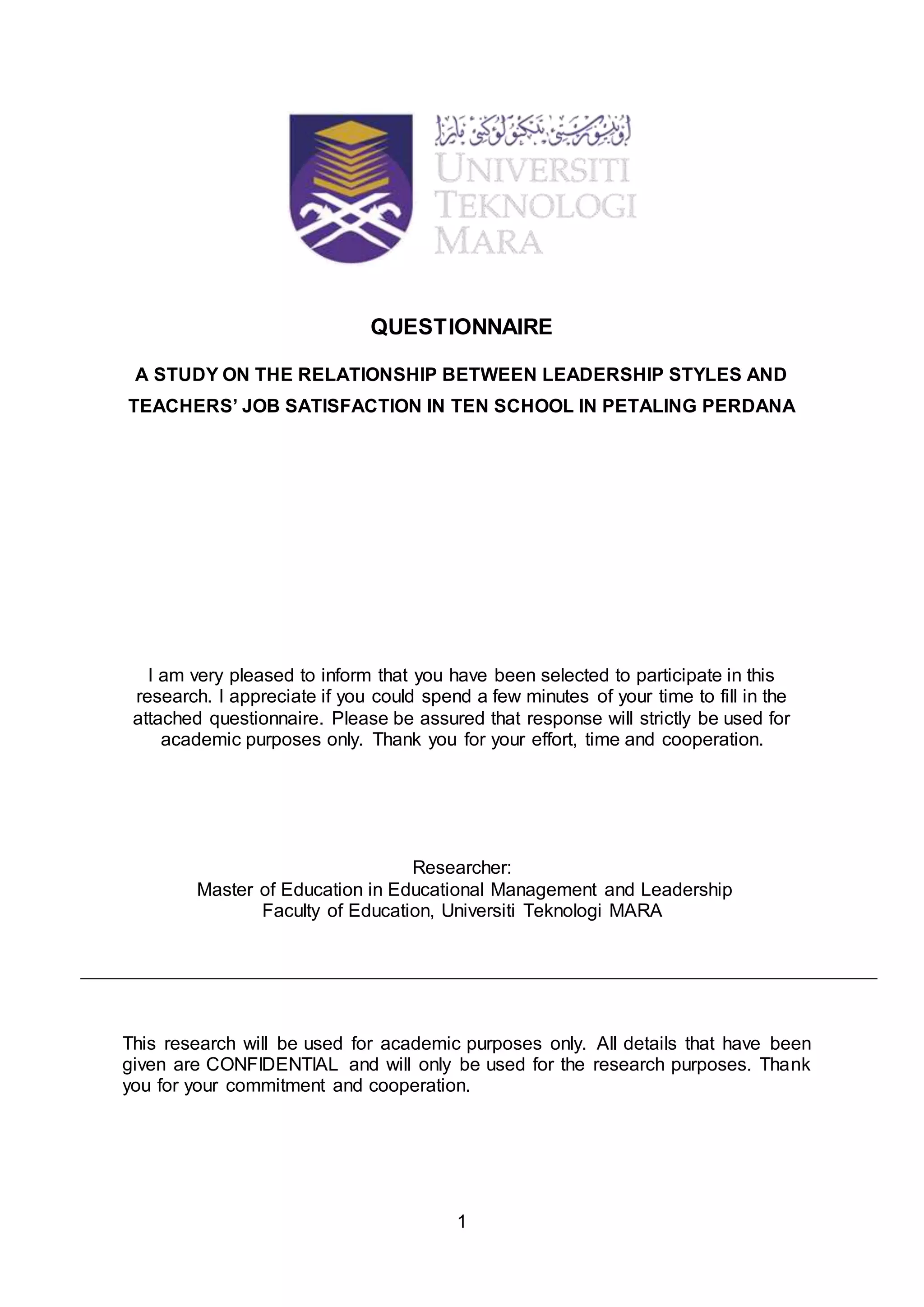 Questionnaire-A STUDY ON THE RELATIONSHIP BETWEEN LEADERSHIP STYLES AND ...