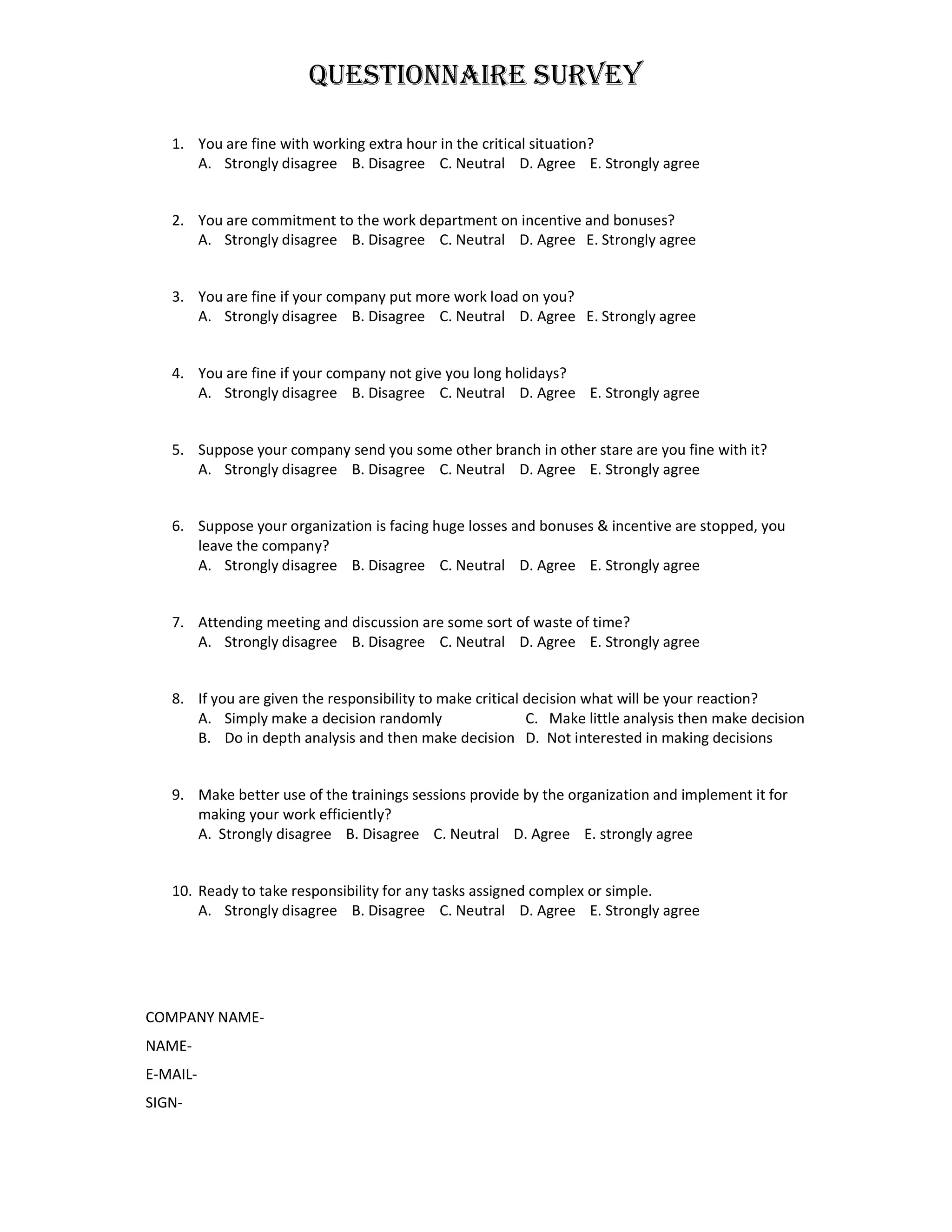 Questionnaire employee loyalty | PDF