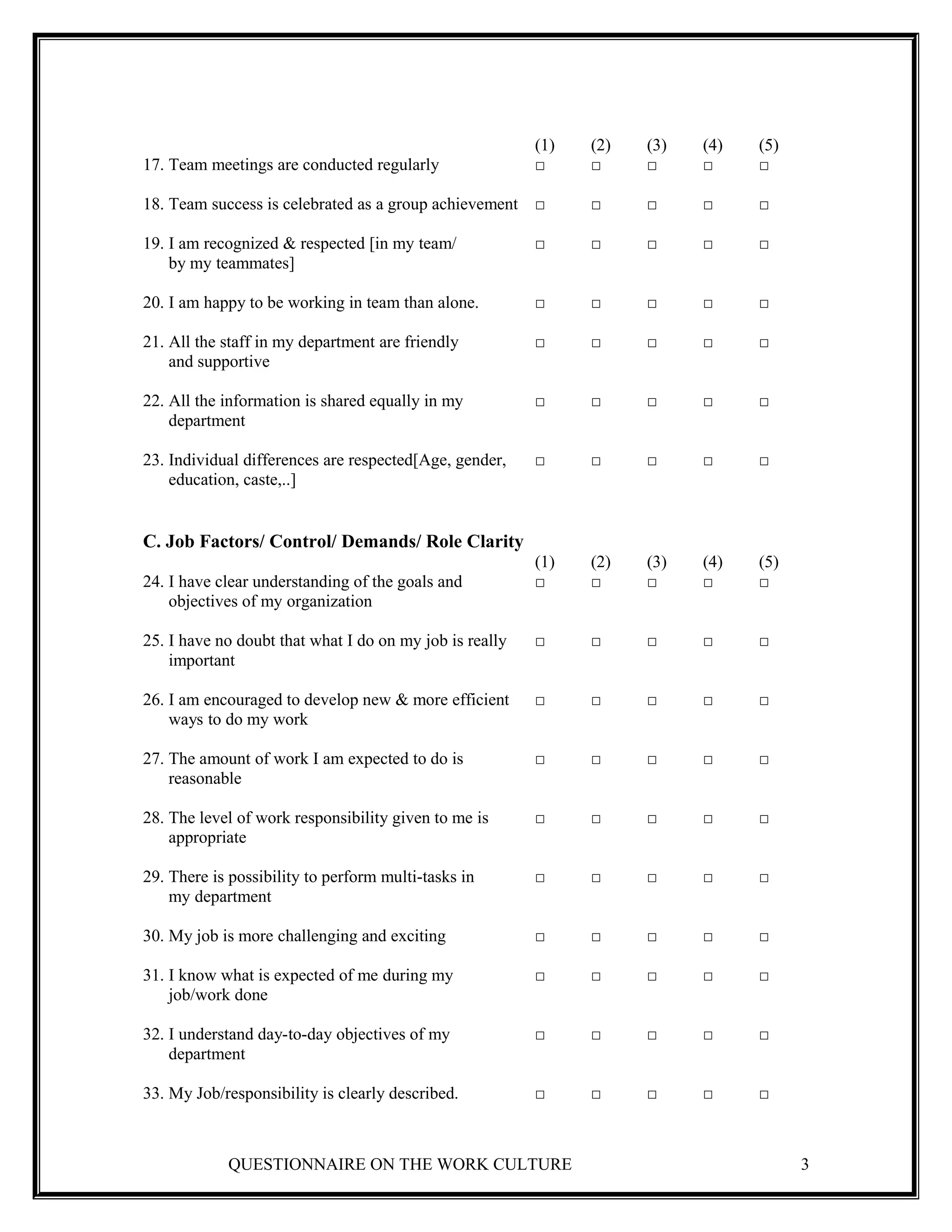 Questionnaire on Work Culture | DOC