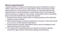 Questionnaire for data collection in research methodology | PPT