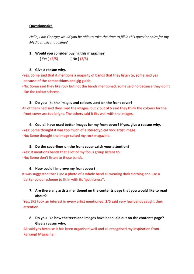 Questionnaire answers | DOCX | World/International Music | Music