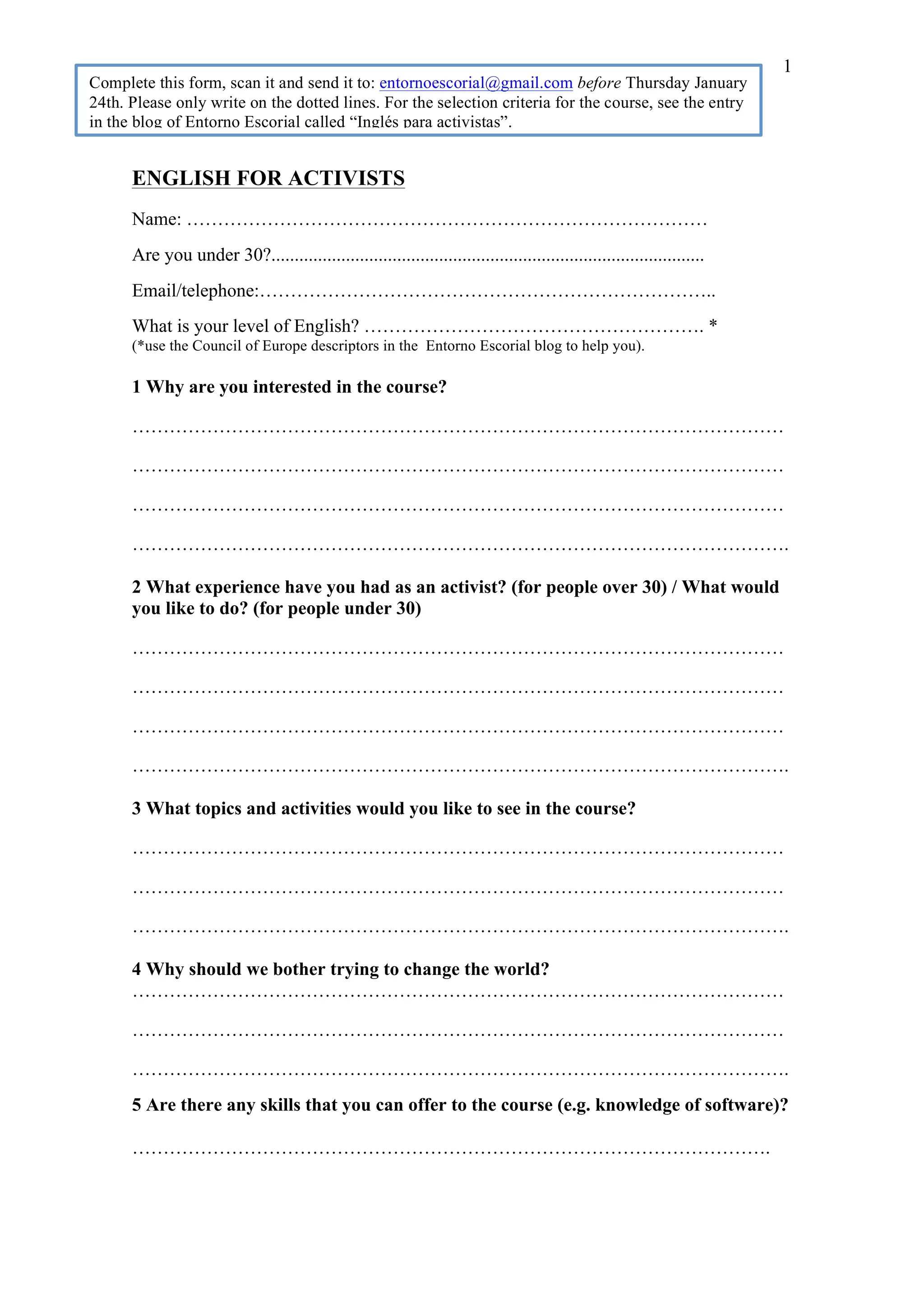 Questionnaire english for activists | PDF