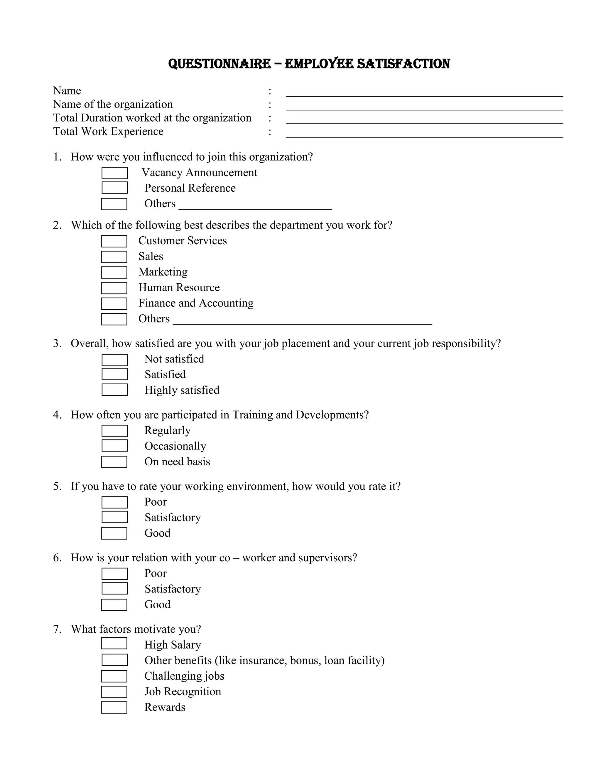 Questionnaire[1] | DOCX | Human Resources | Business