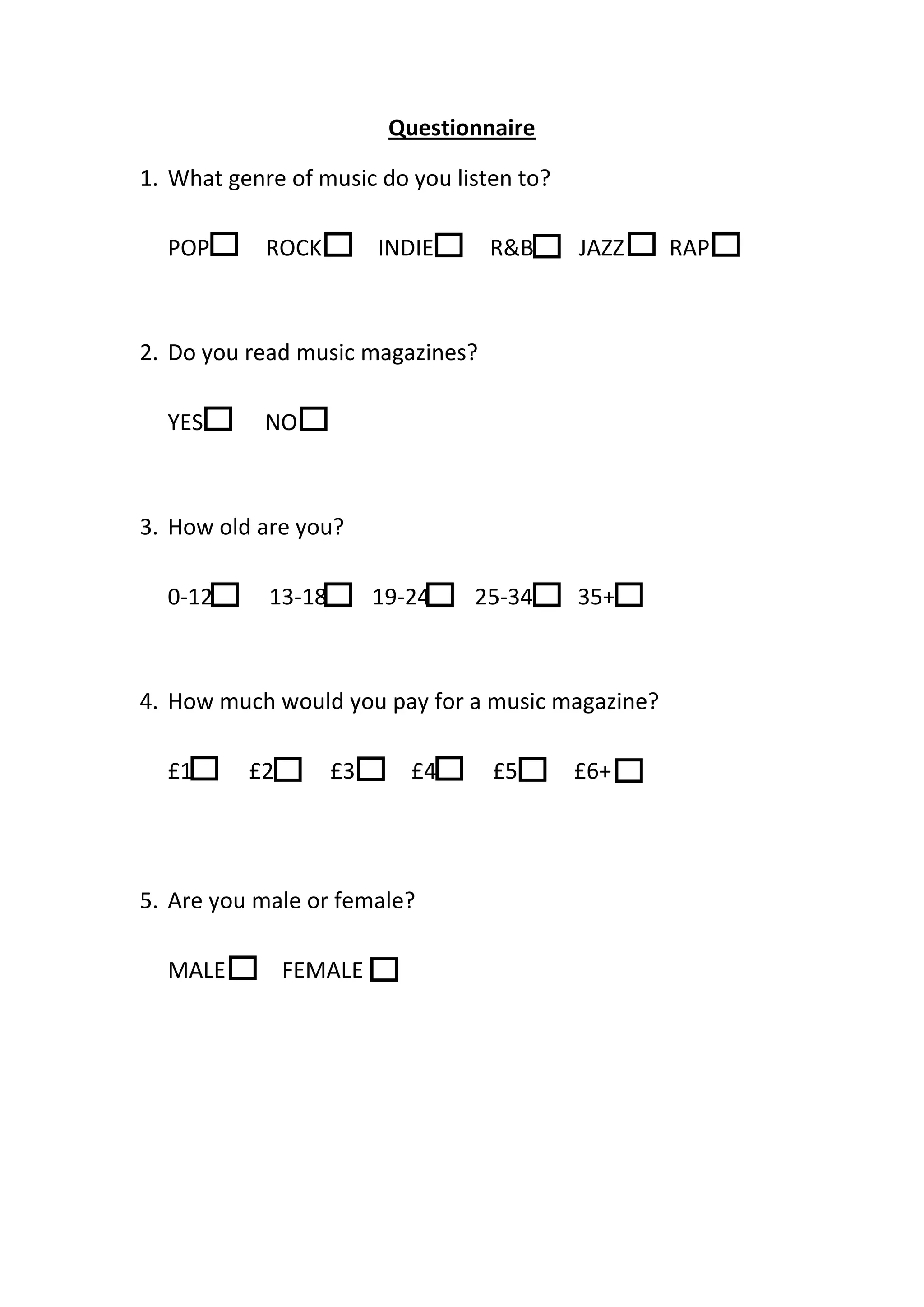 Questionnaire 1 (all genres) | DOCX | Music | Entertainment