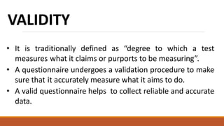 Questionnaire Validity.pptx | Standardized Testing | Educational Assessment
