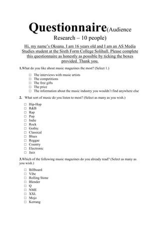 Questionnaire after completing magazine | PDF