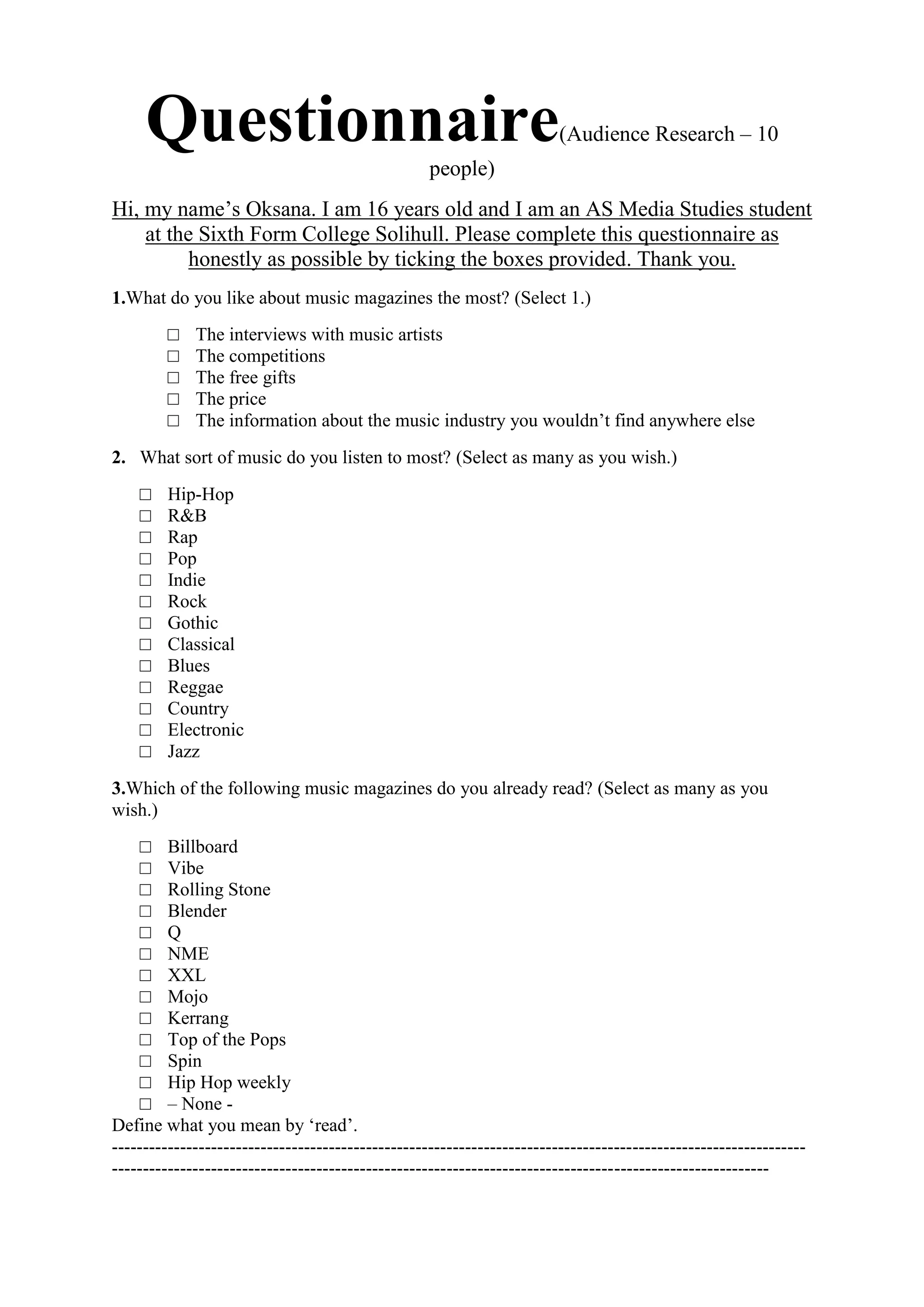 Questionnaire after completing magazine | PDF