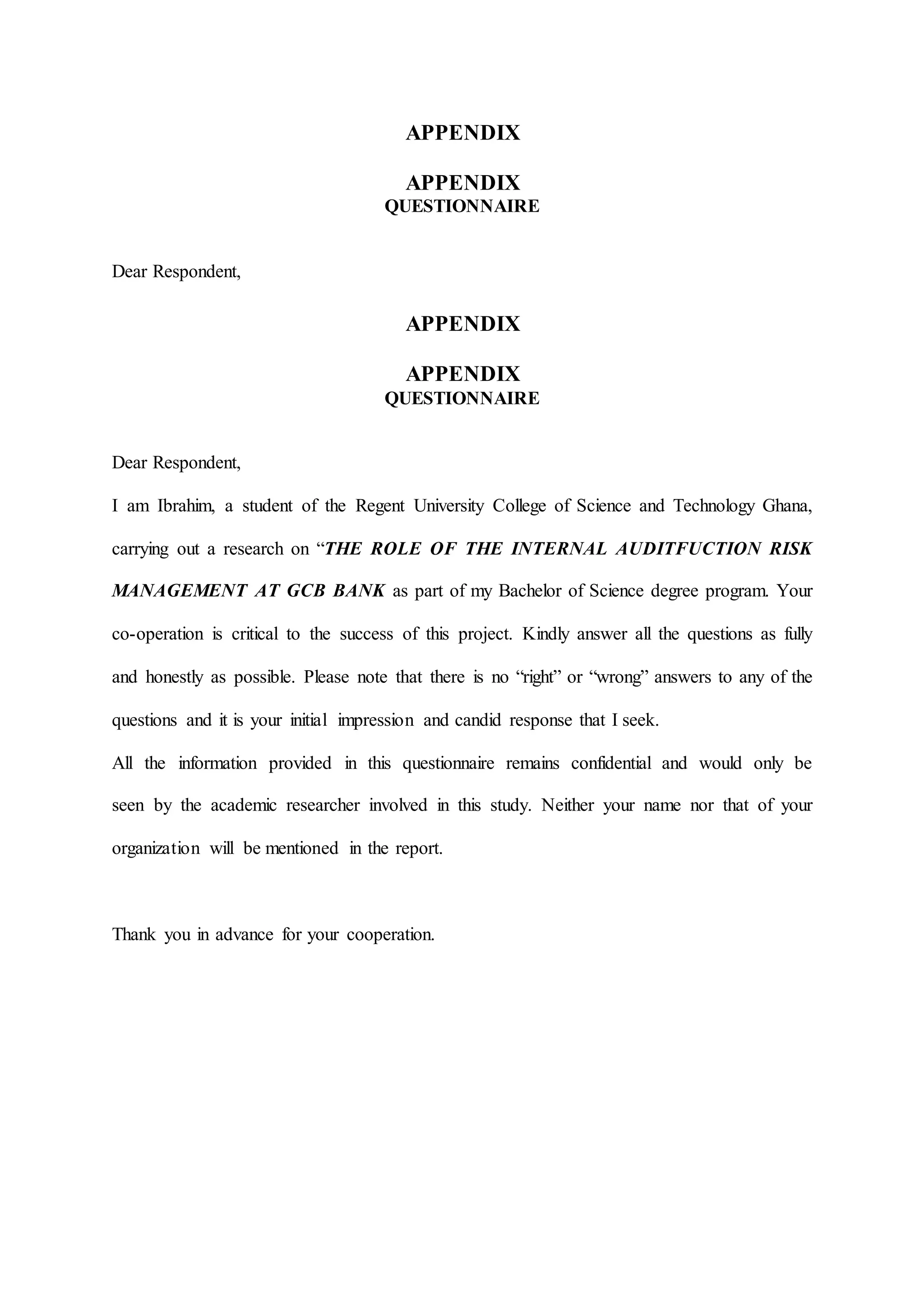 Internal Audit Role in Risk Management Questionnaire | DOCX