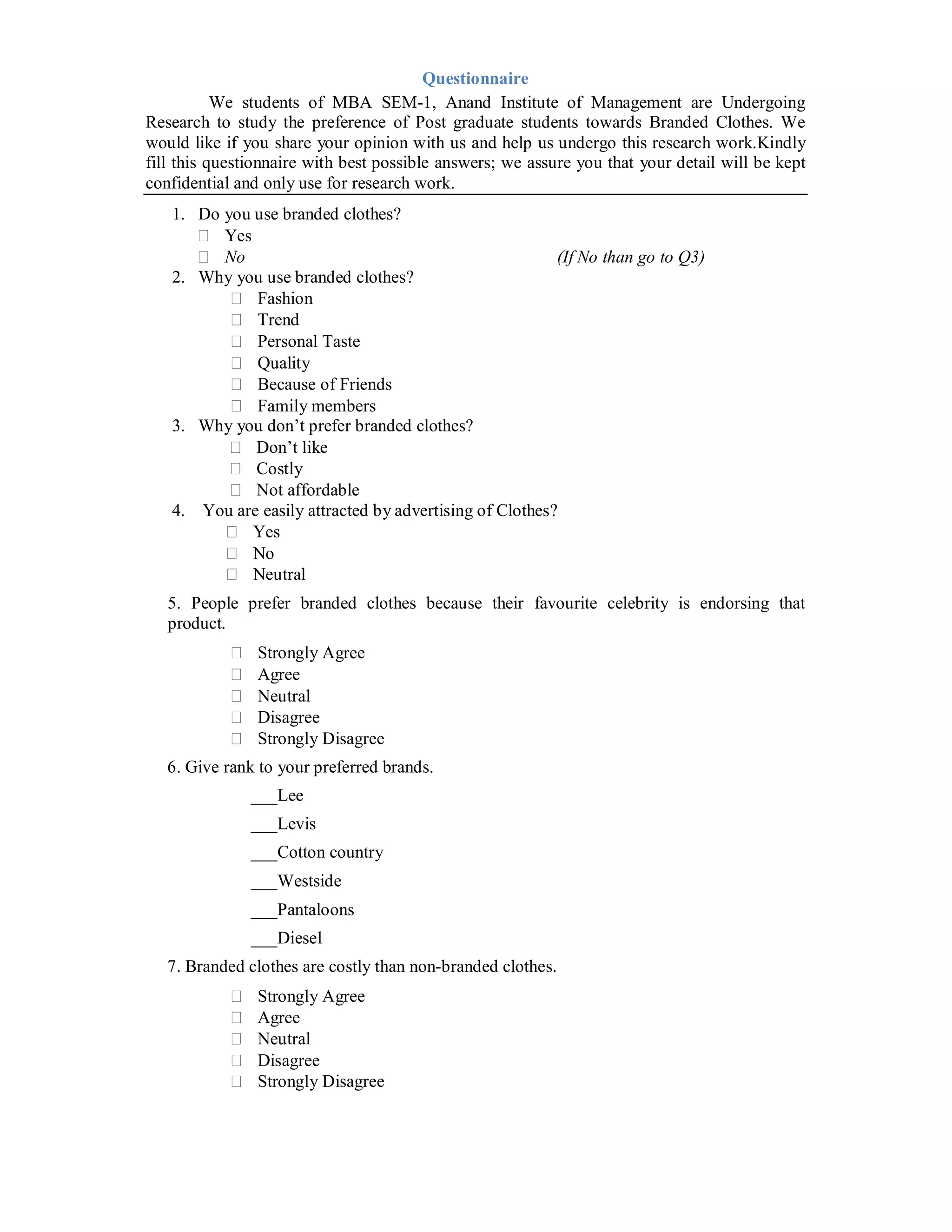 Questionnaire on Post graduate student perception towards branded ...