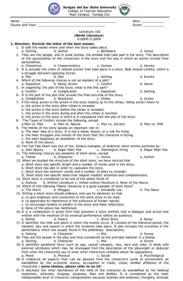 Sample Questionnaire for World Literature | PDF