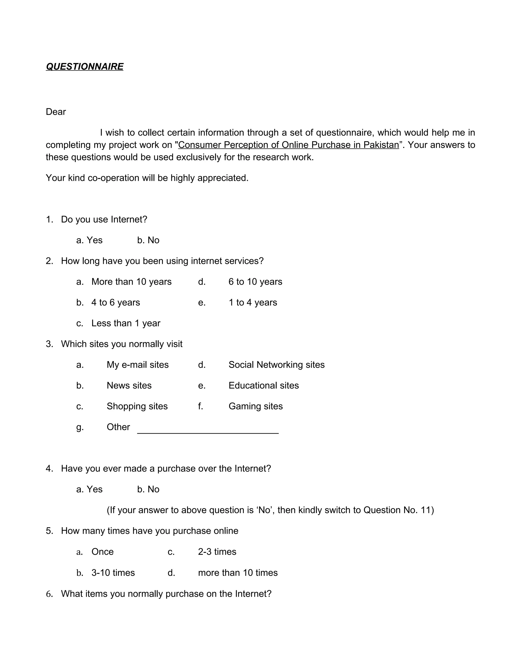 Questionnaire final | DOC | Shopping