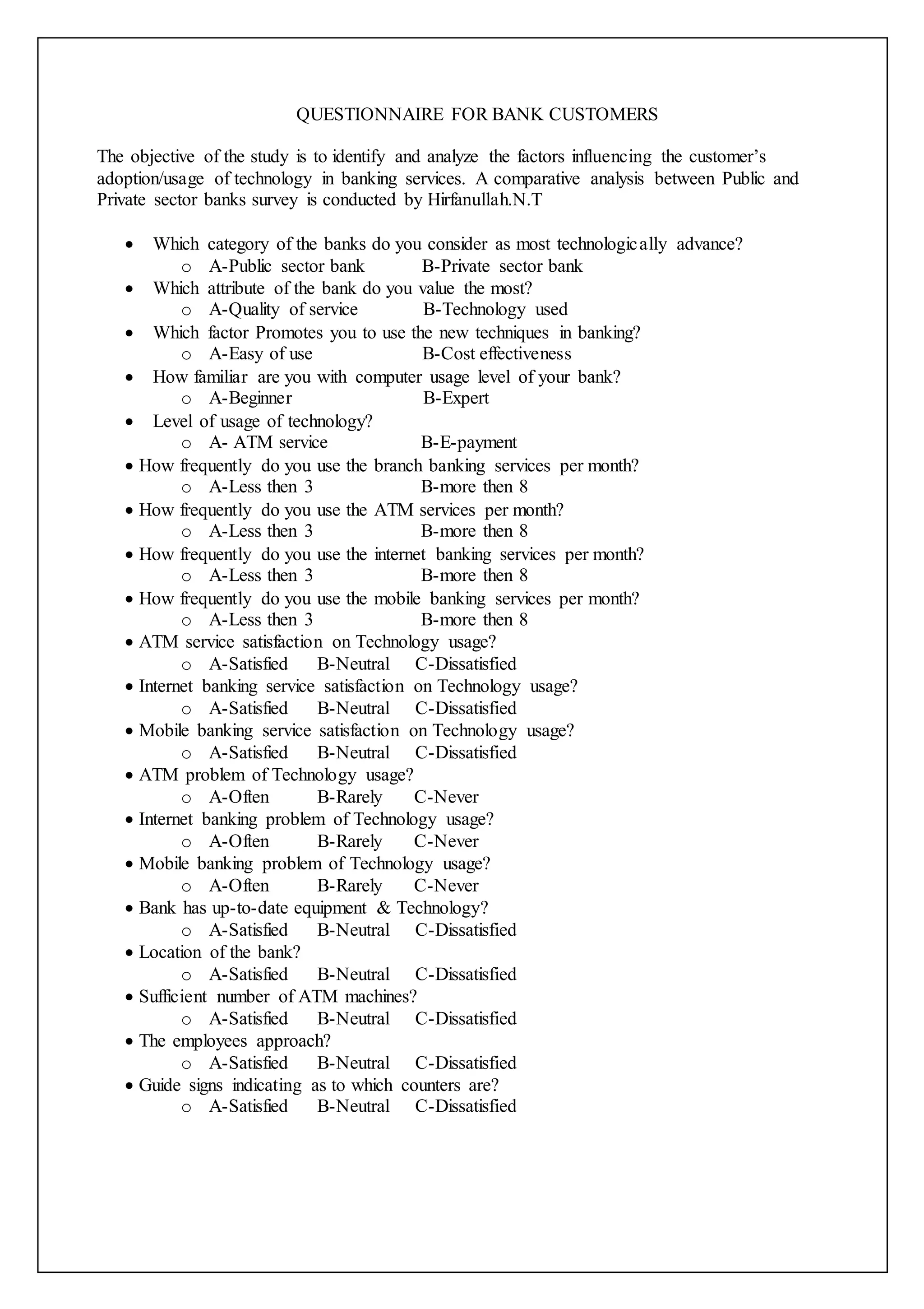 Questionnaire for bank customers | DOCX