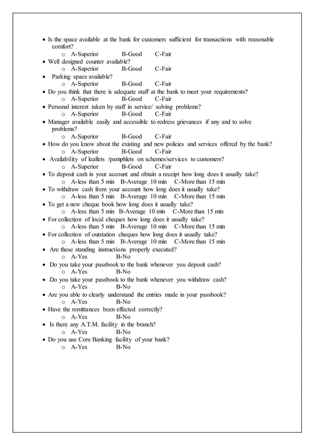 Questionnaire for bank customers | DOCX | Business Banking & Finance ...
