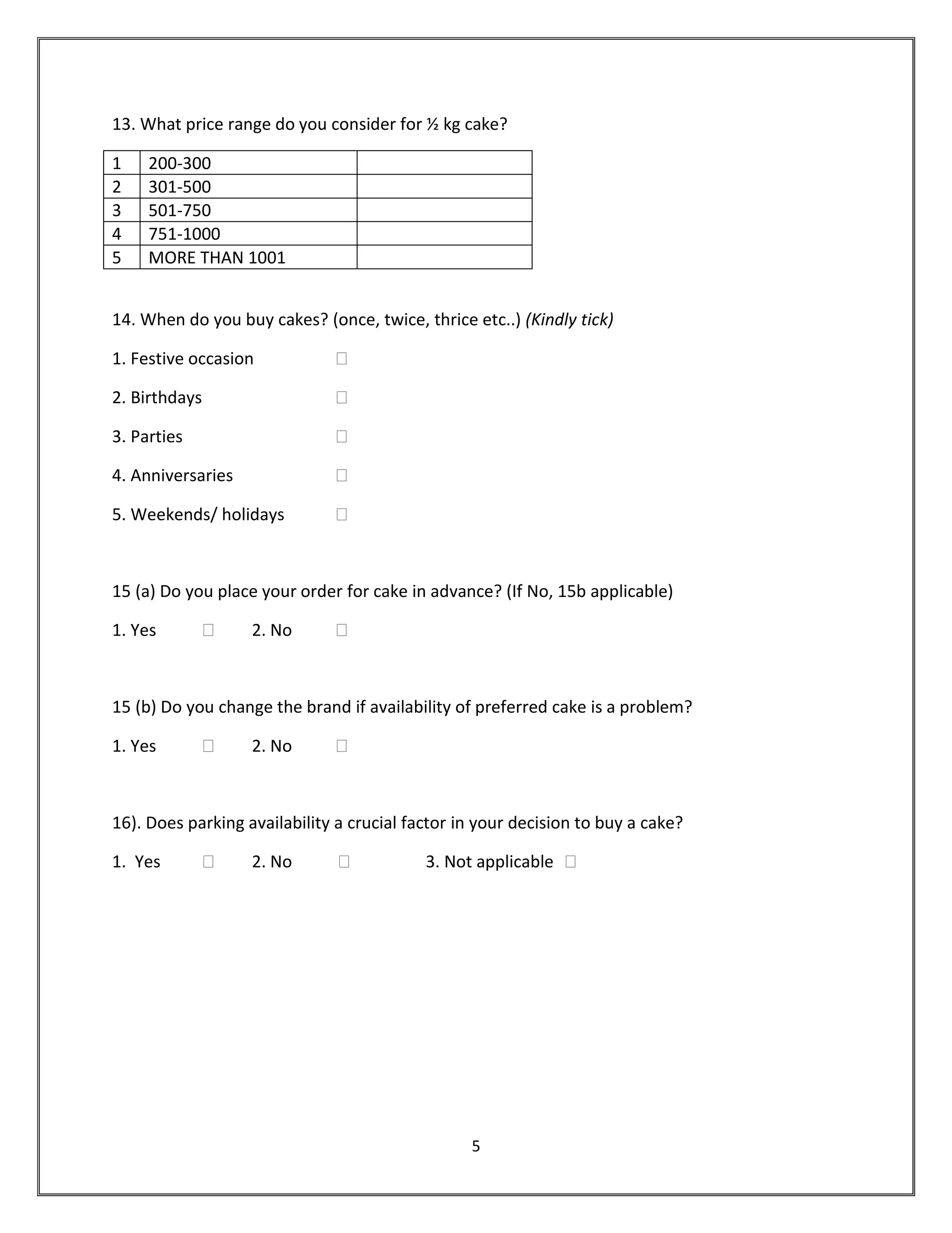 Questionnaire for cakes | DOCX
