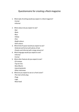 Questionnaire for creating a rock magazine | DOCX