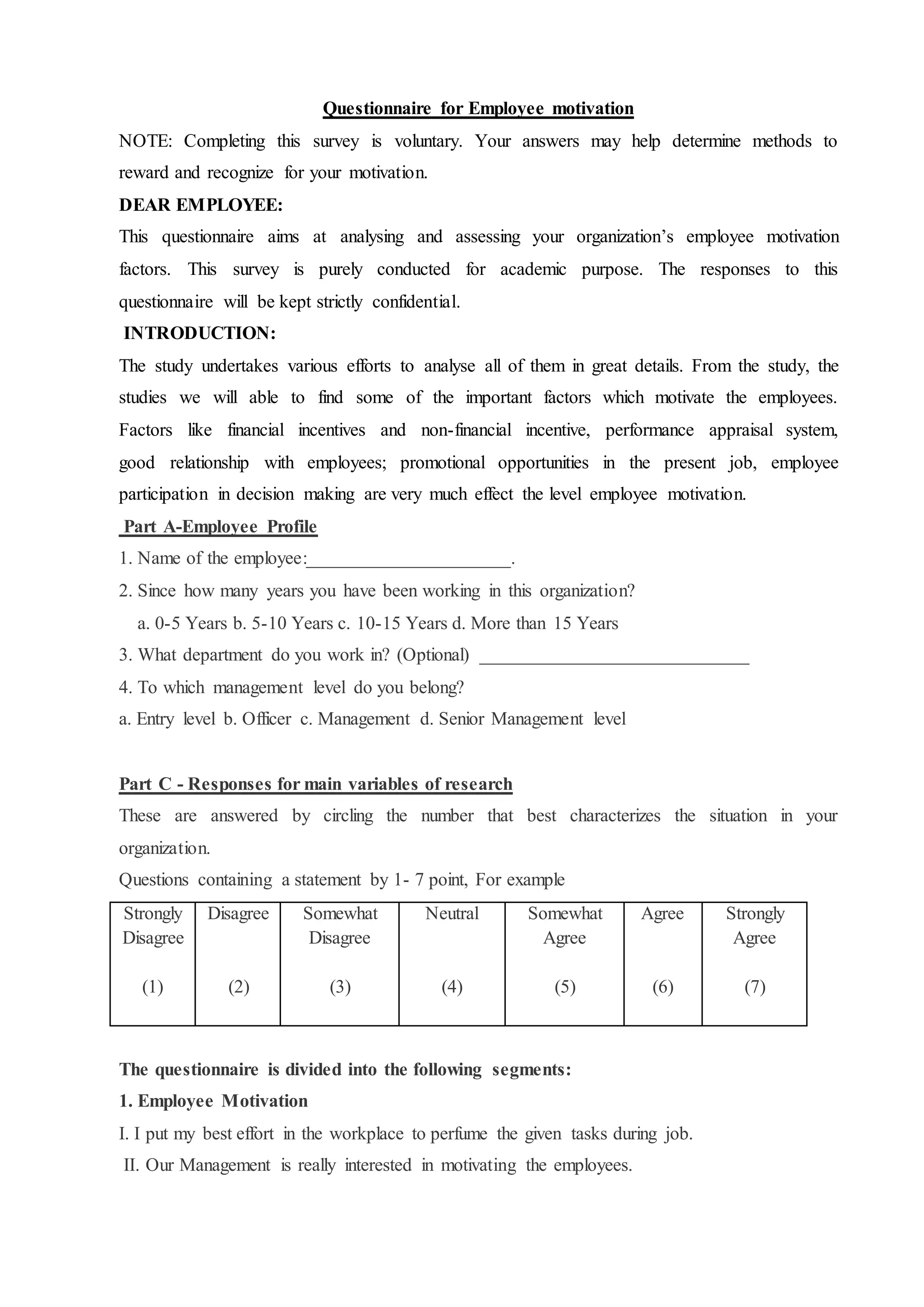 Questionnaire for employee motivation | DOCX