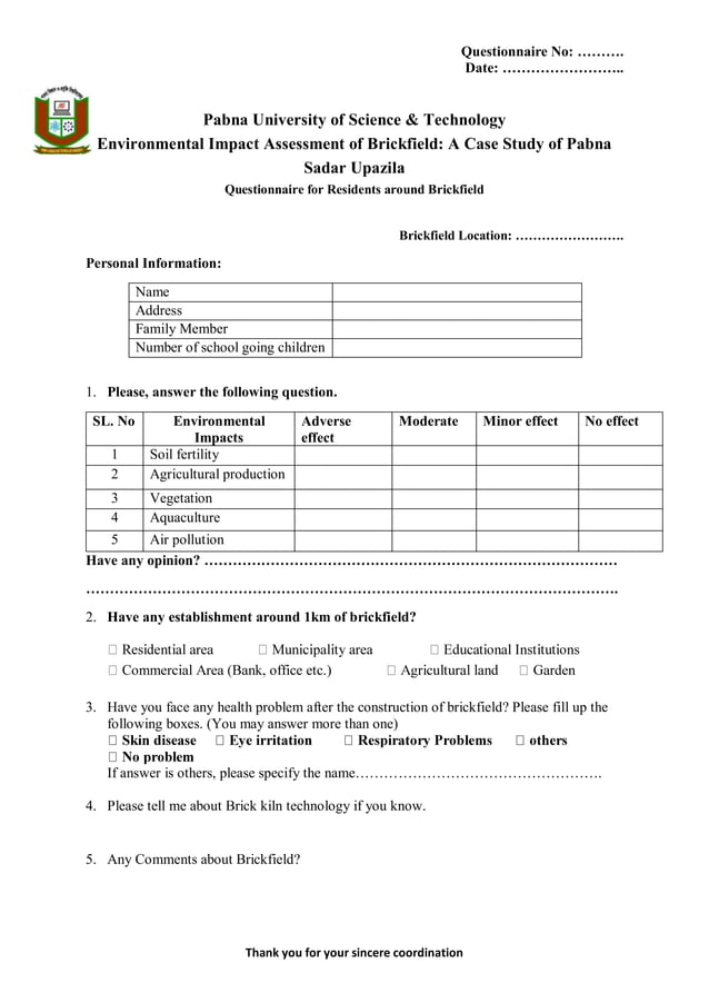 Questionnaire on Environmental Impact Assessment of Brickfield | PDF