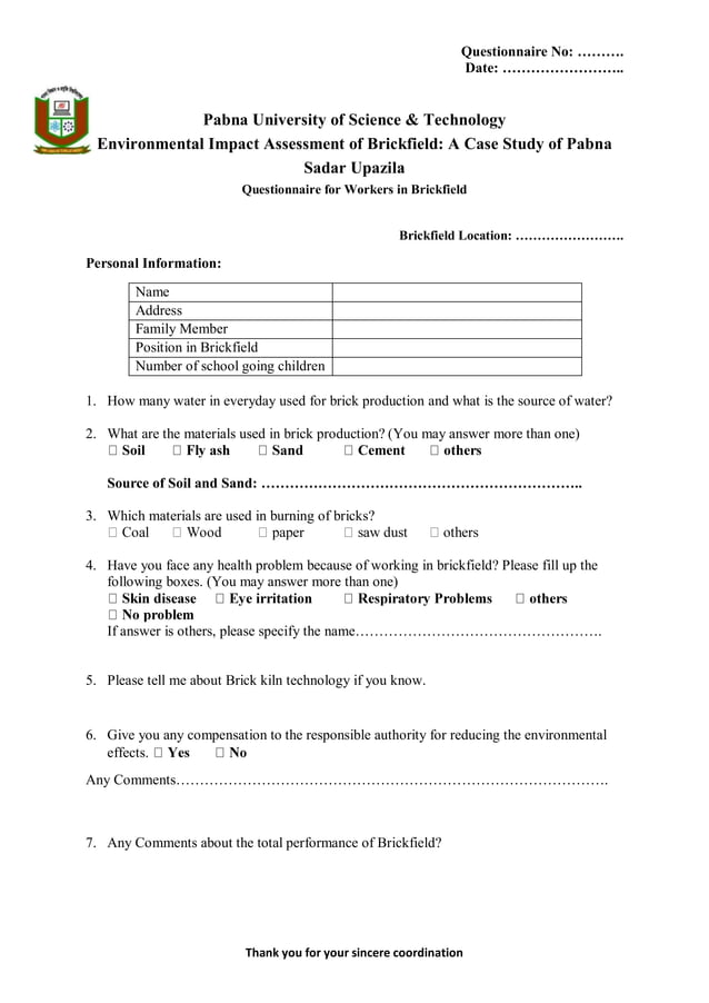 Questionnaire on Environmental Impact Assessment of Brickfield | PDF