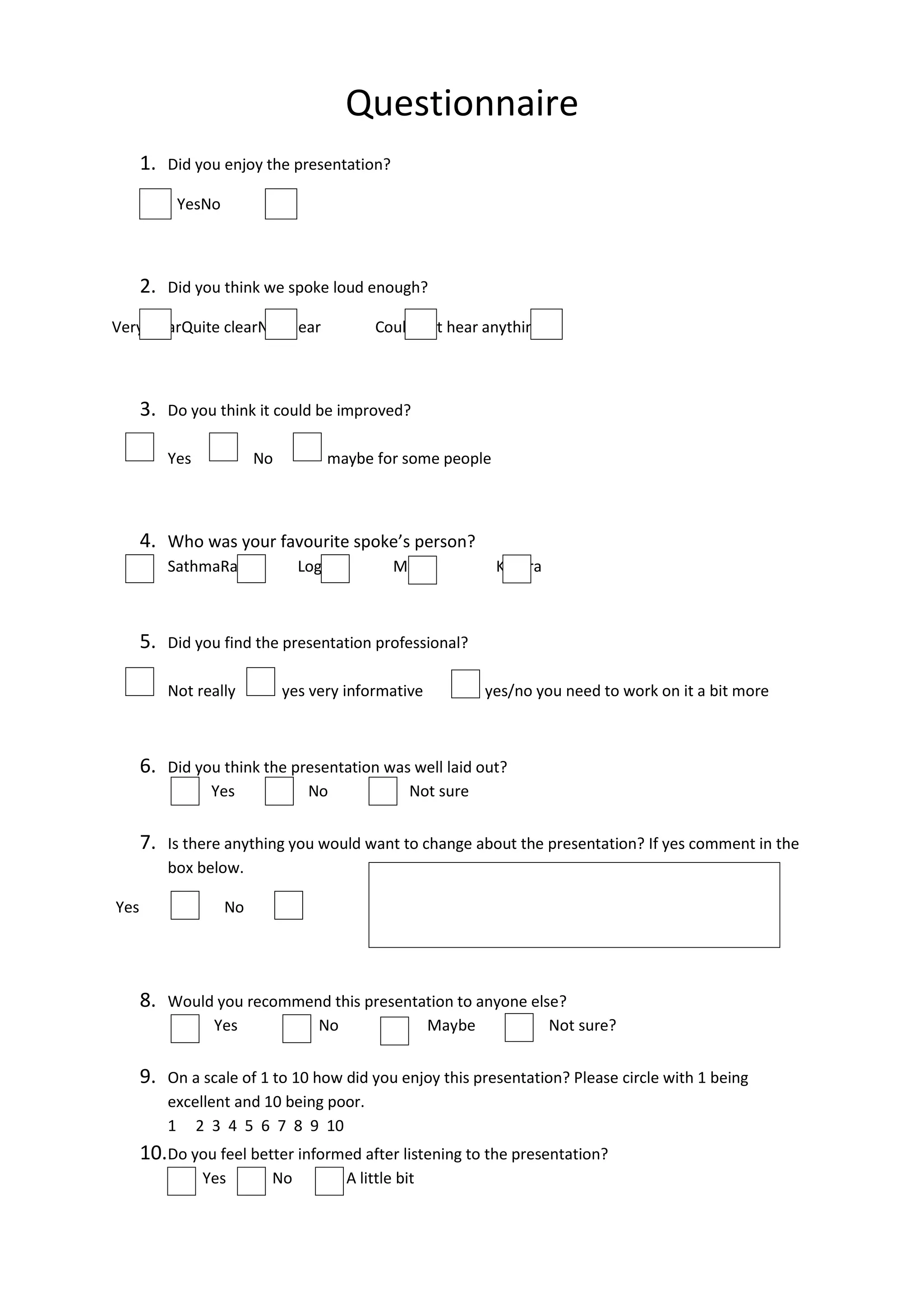 Questionnaire for feedback from presentaion | DOCX