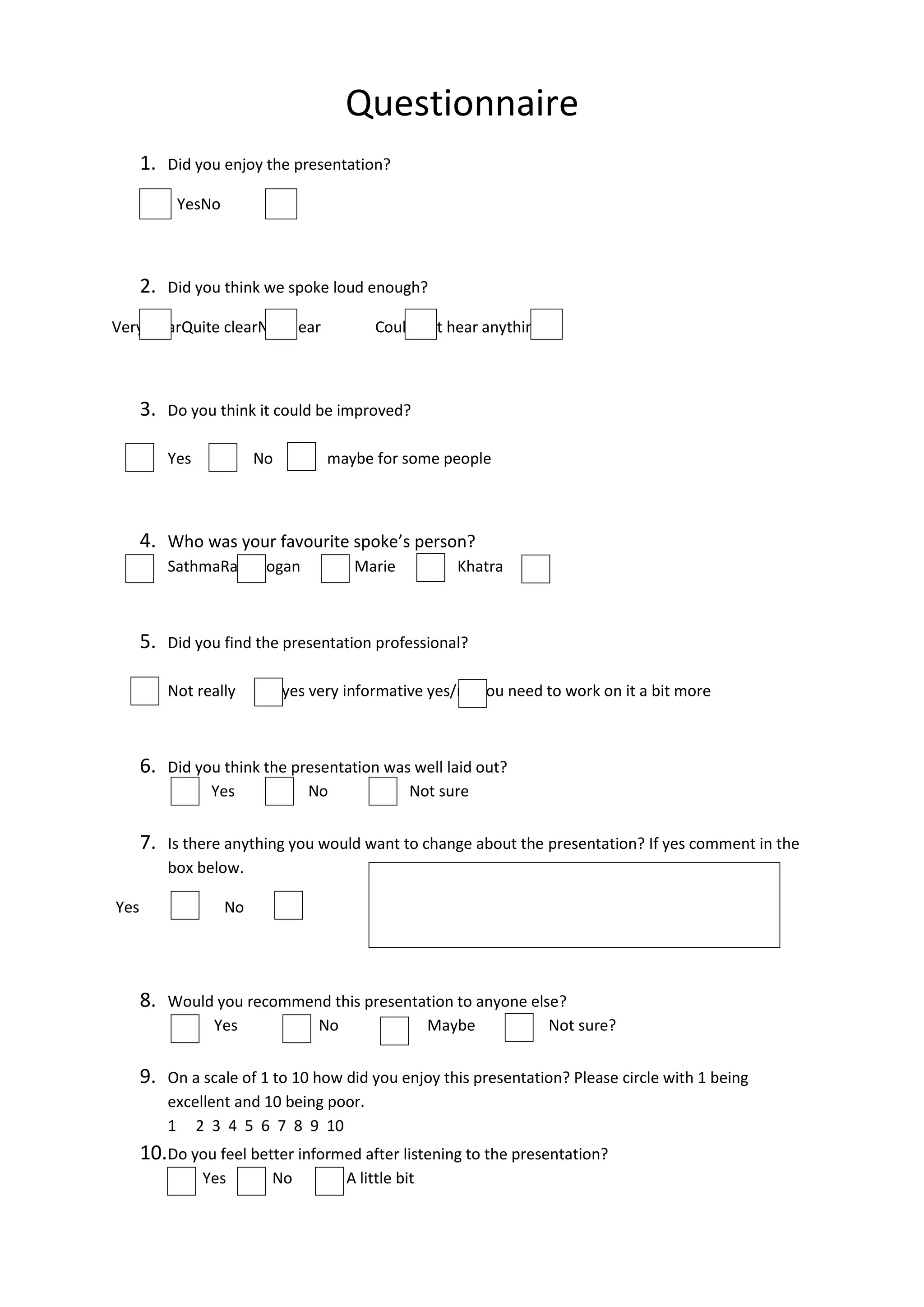 Questionnaire for feedback from presentaion | DOCX