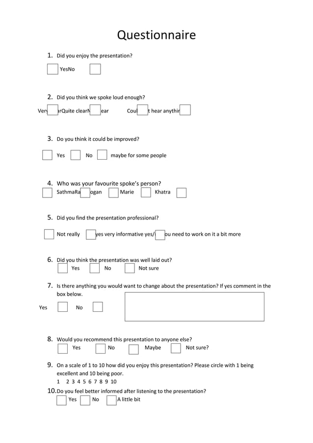 Questionnaire for feedback from presentaion | DOCX