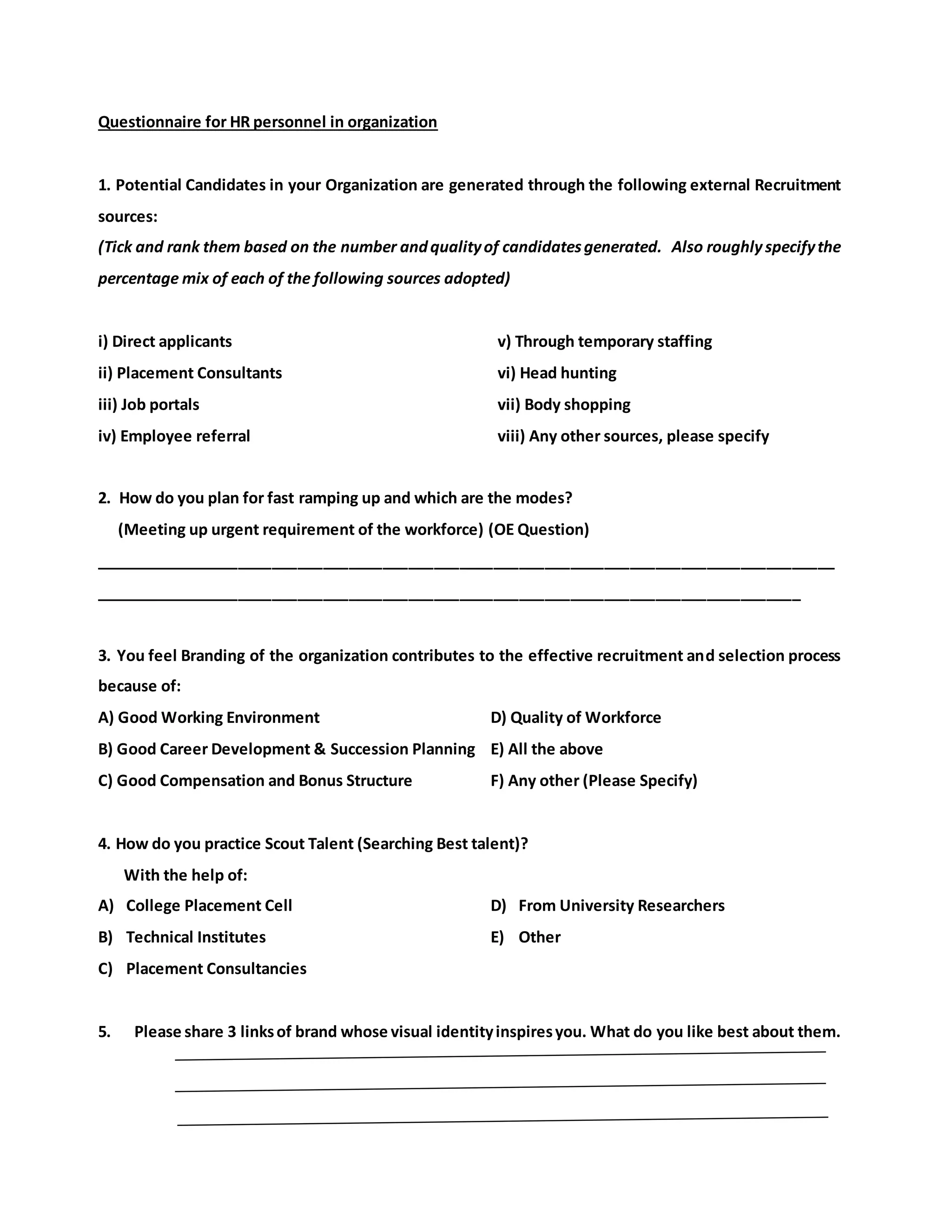 Questionnaire for hr personnel in organization 1 | DOCX