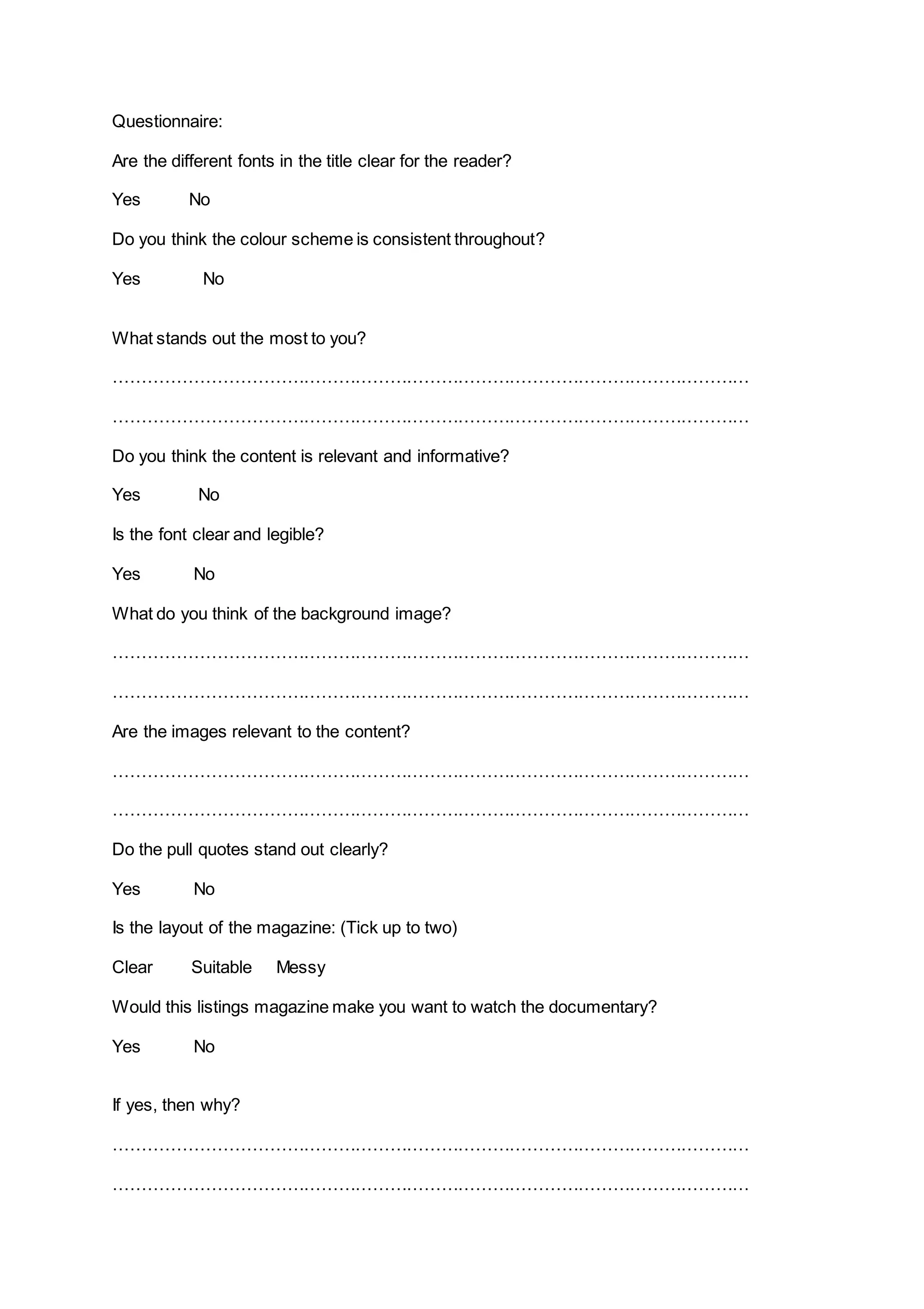 Questionnaire for listings magazine audience feedback | DOCX