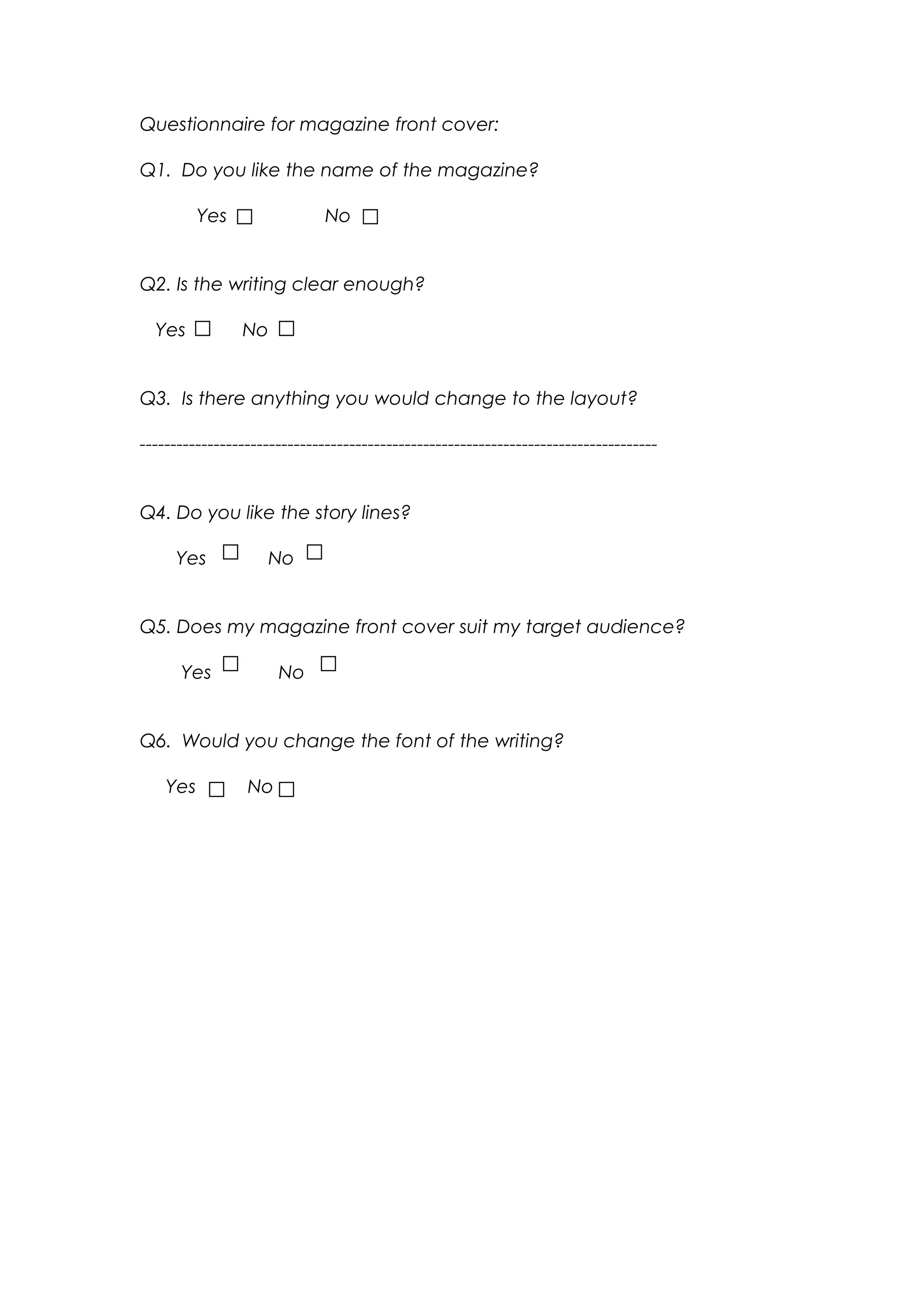 Questionnaire for magazine front cover | DOC