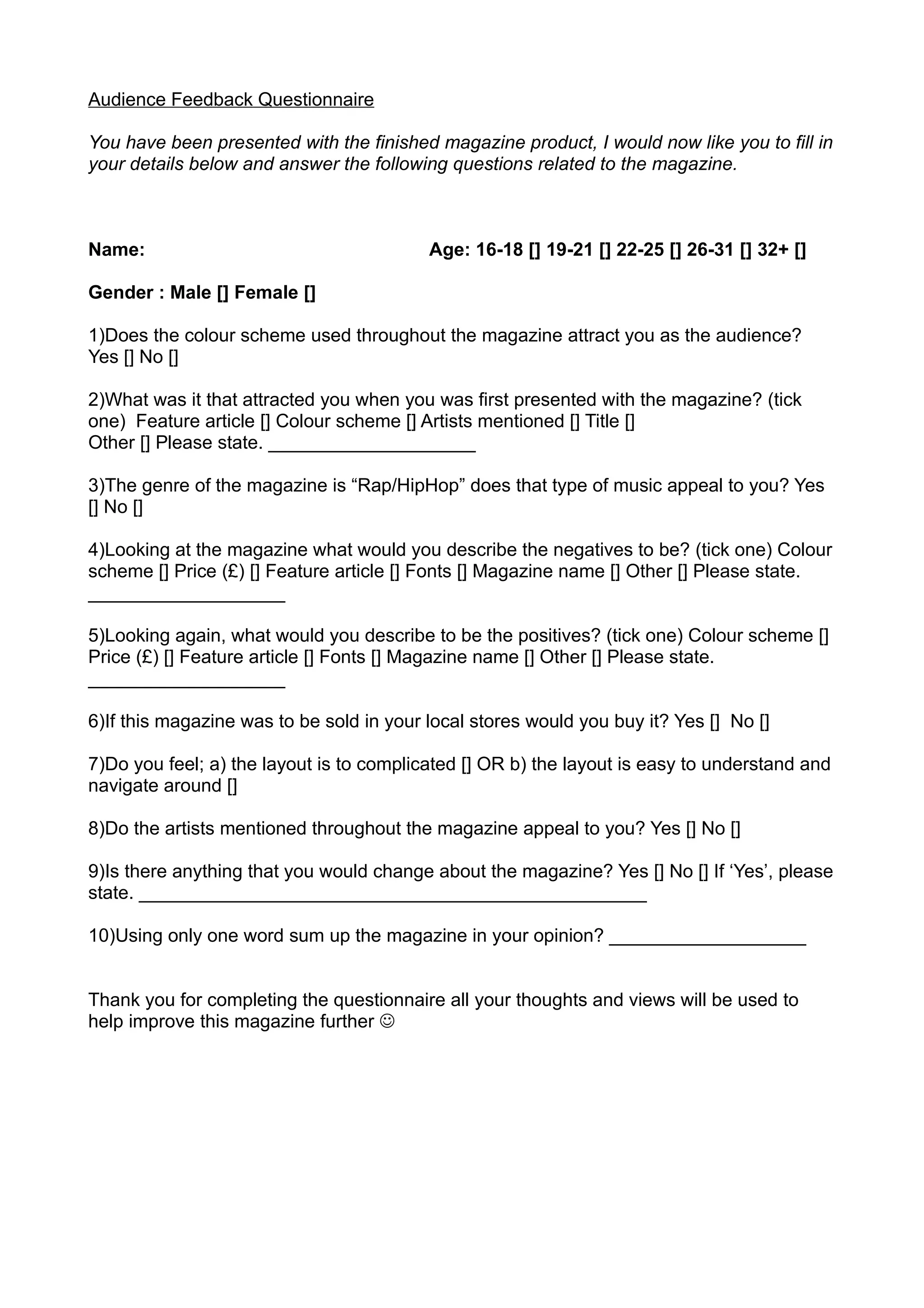 Questionnaire for media studies | ODT | Hobbies & Interests