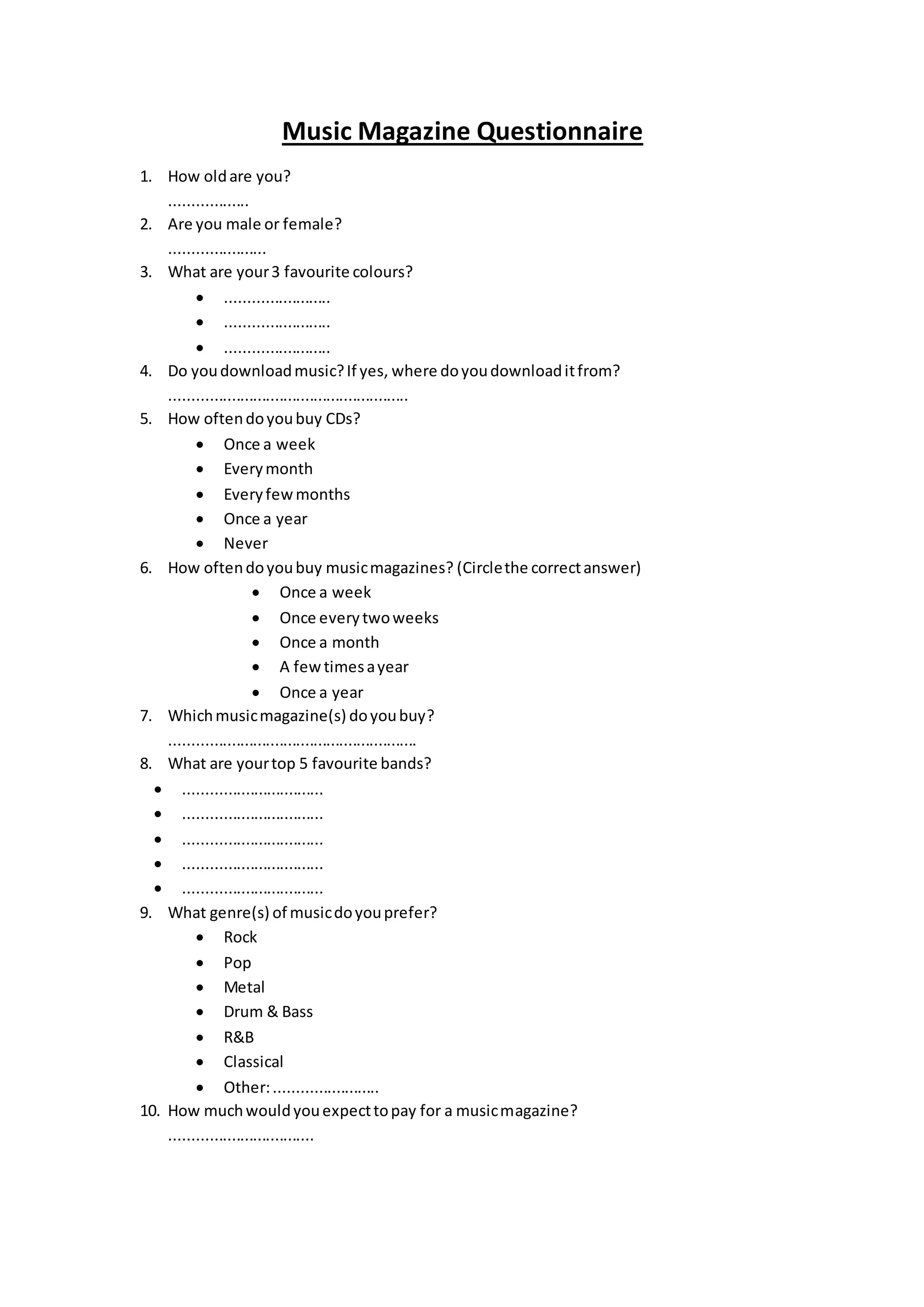 Questionnaire for music magazine | DOCX