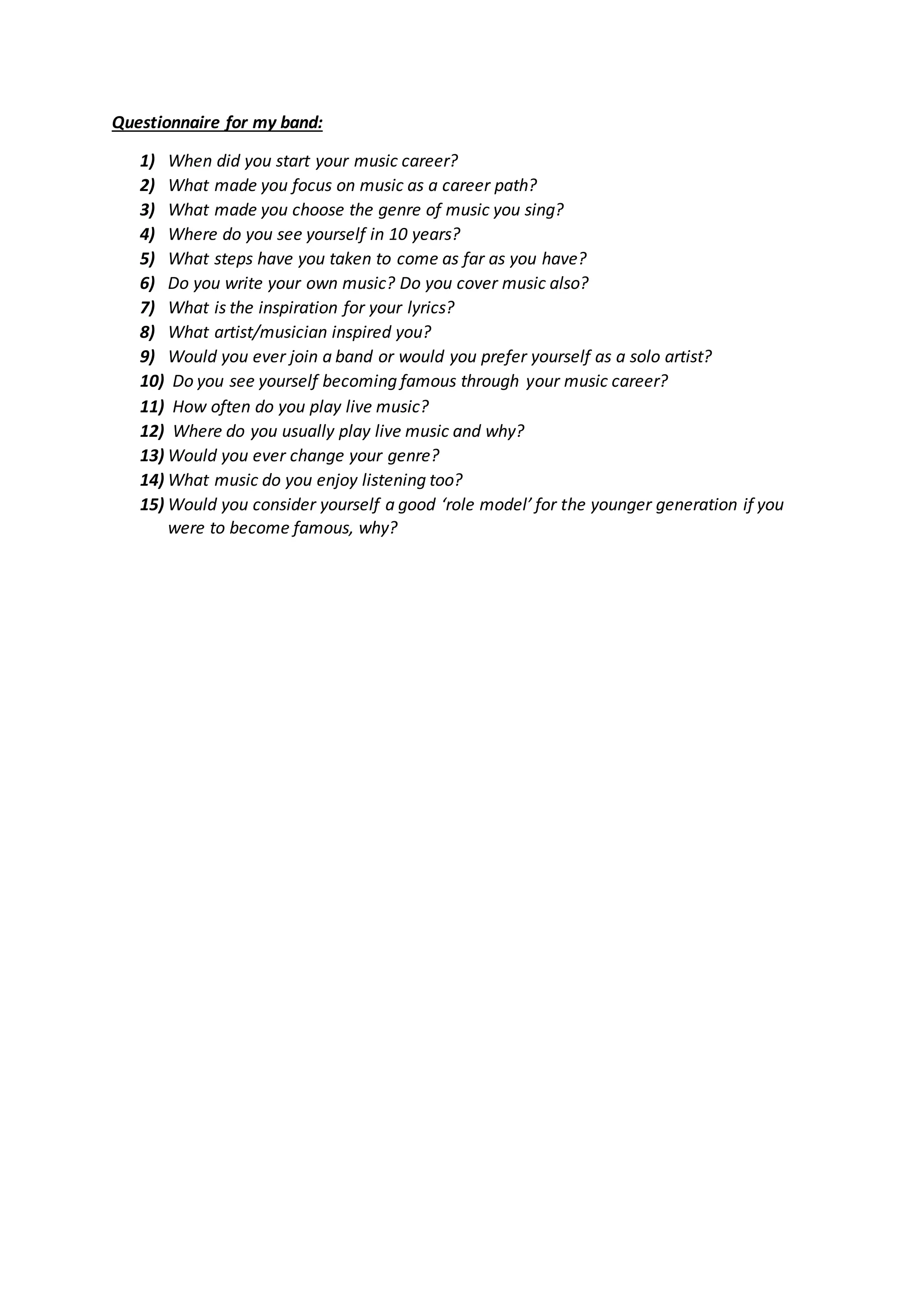 Questionnaire for my band | DOCX