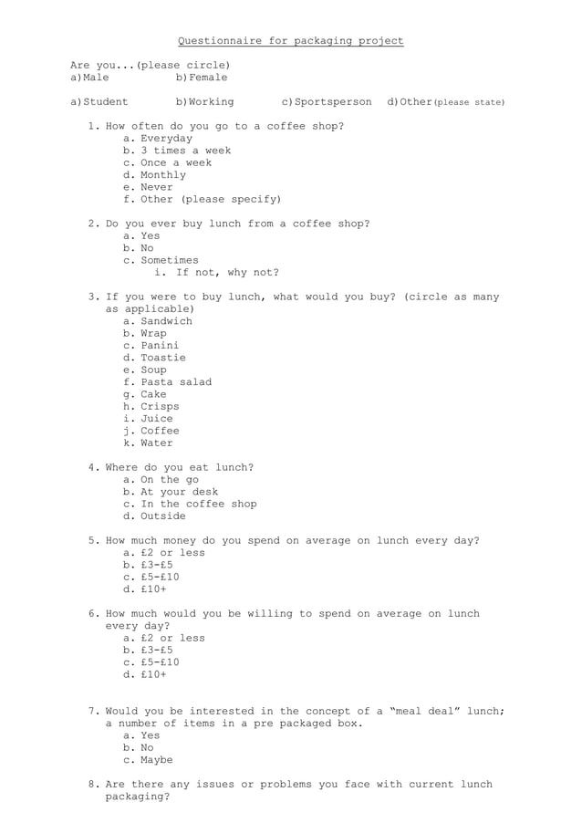 Questionnaire For Packaging Project | DOCX | Grocery Shopping | Shopping