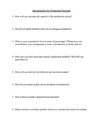 Questionnaire for production personal | PDF | Business | Business and ...