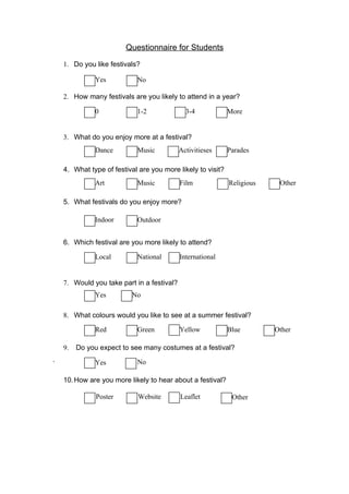 Questionnaire for Students Festival | DOC