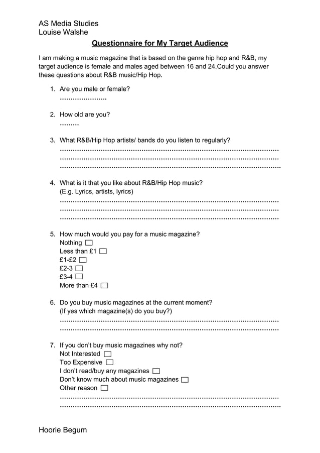 Questionnaire For Target Audience Of Music Magazine | DOCX