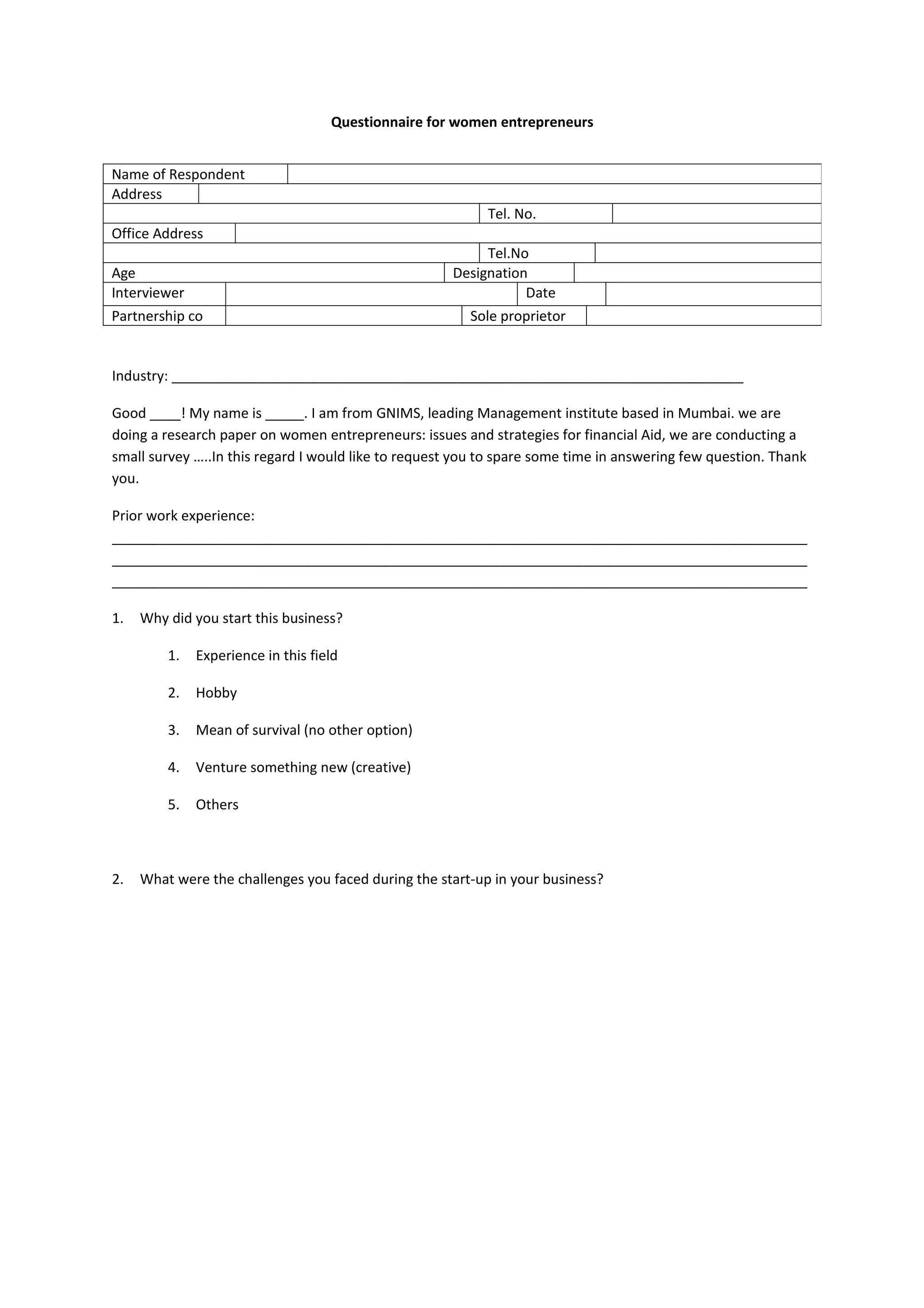 Questionnaire for women entrepeneur | DOC