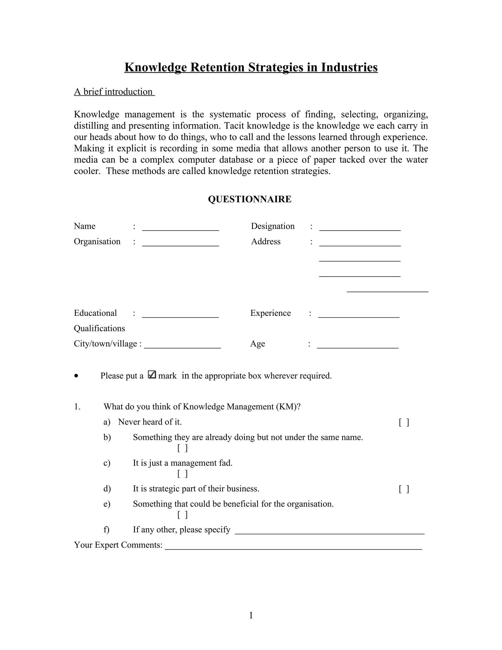 Questionnaire in knowledge management | DOC