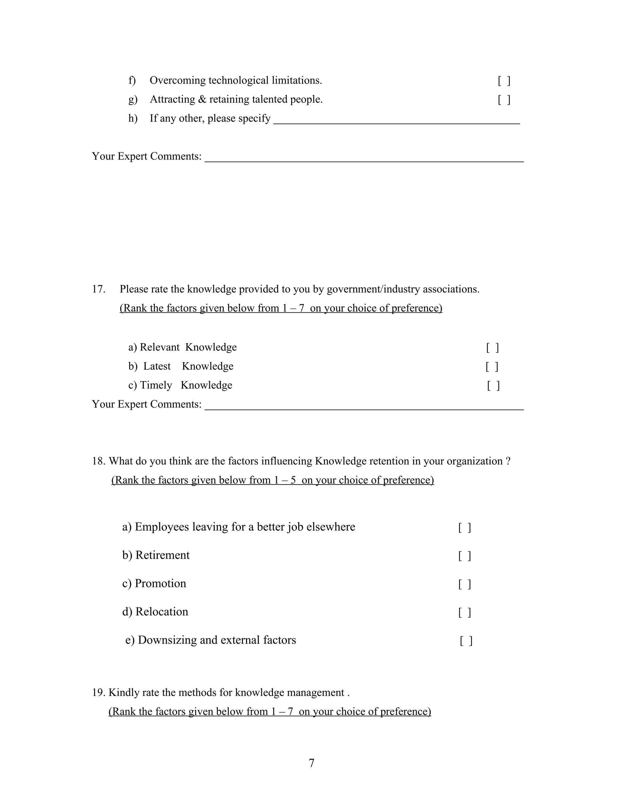Questionnaire in knowledge management | DOC