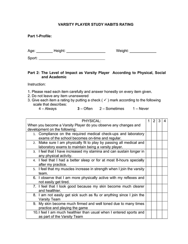Varsity Player Impact Rating Scale | DOC