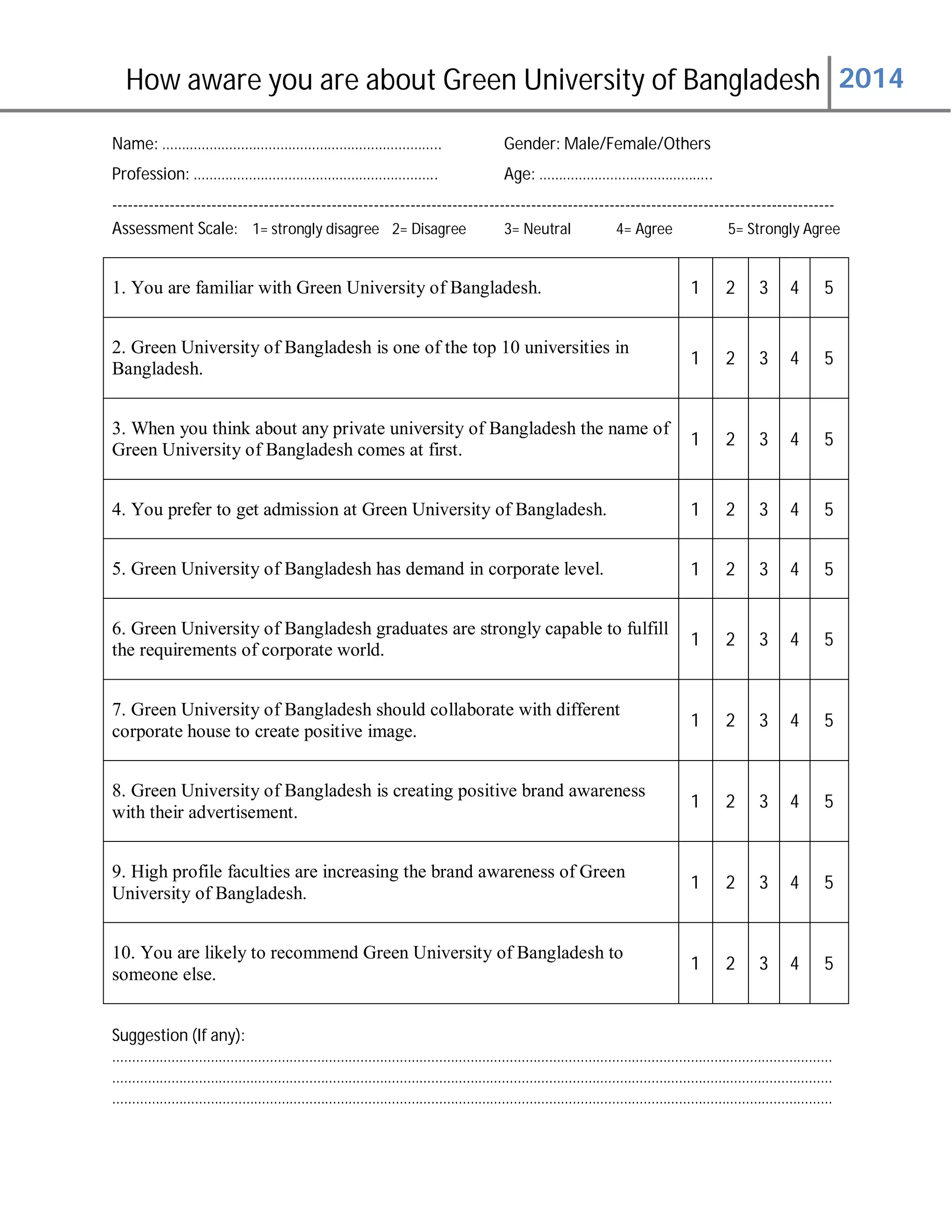 Questionnaire Brand Awareness of Green University | PDF