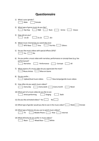 Questionnaire media | DOCX | Music Video | Genres